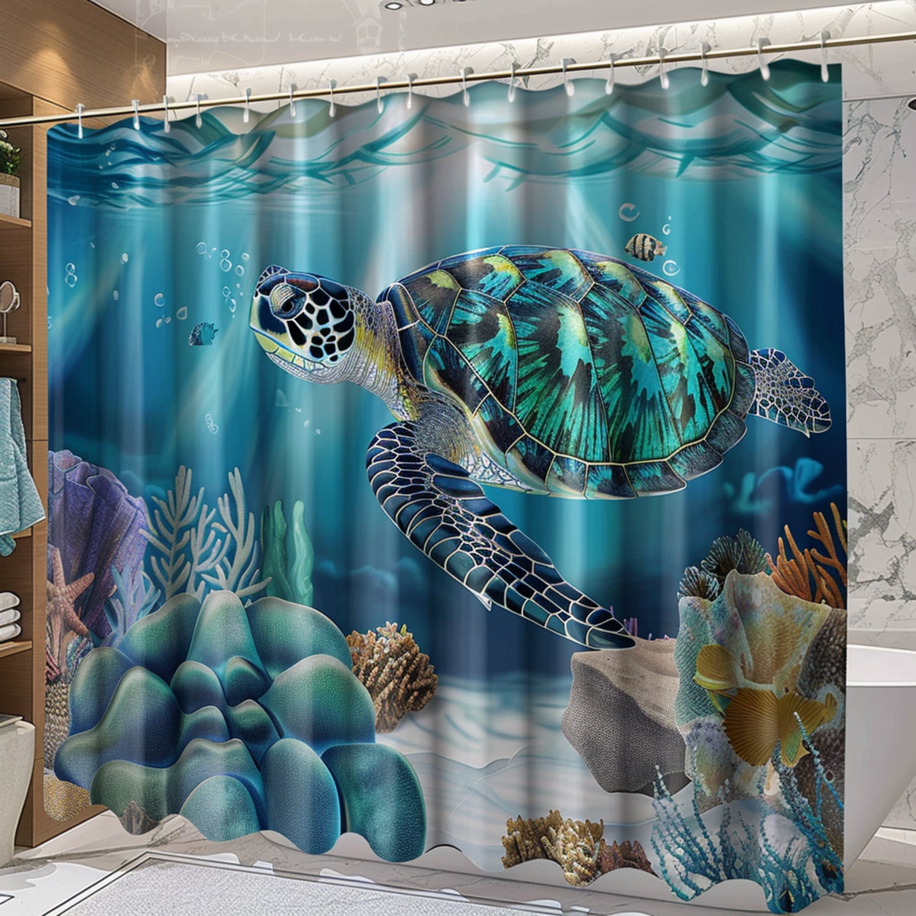 Oceanic Serenity Blue And Green Sea Turtle Shower Curtain With Coral