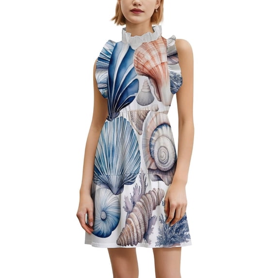 Oceanic Shell Art Print Women's Fashion Casual Dress Summer Stand Up ...