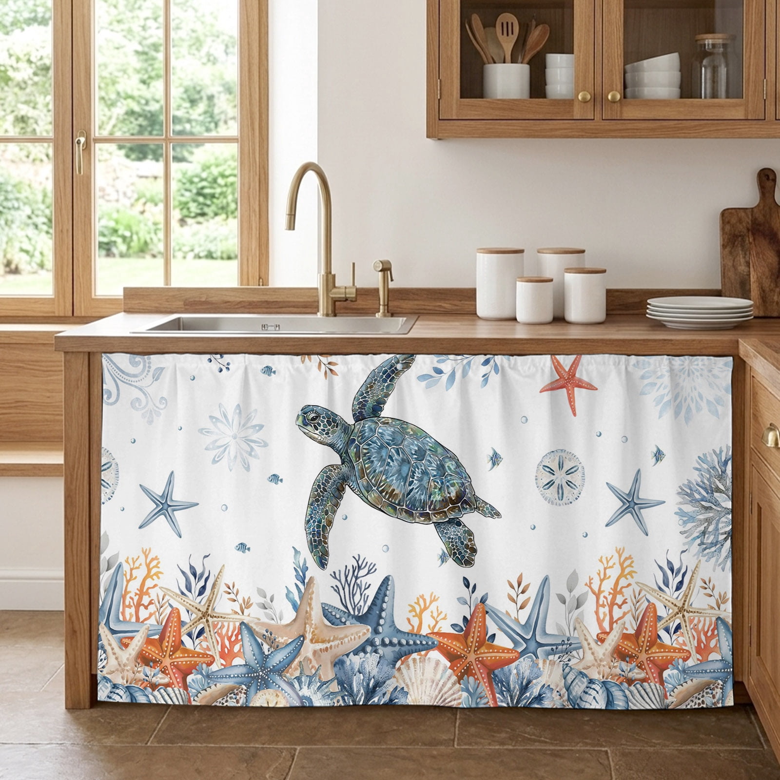 Oceans Cabinet Curtains 32" W x 55" L Coastal Orange Blue Sea Turtles ...