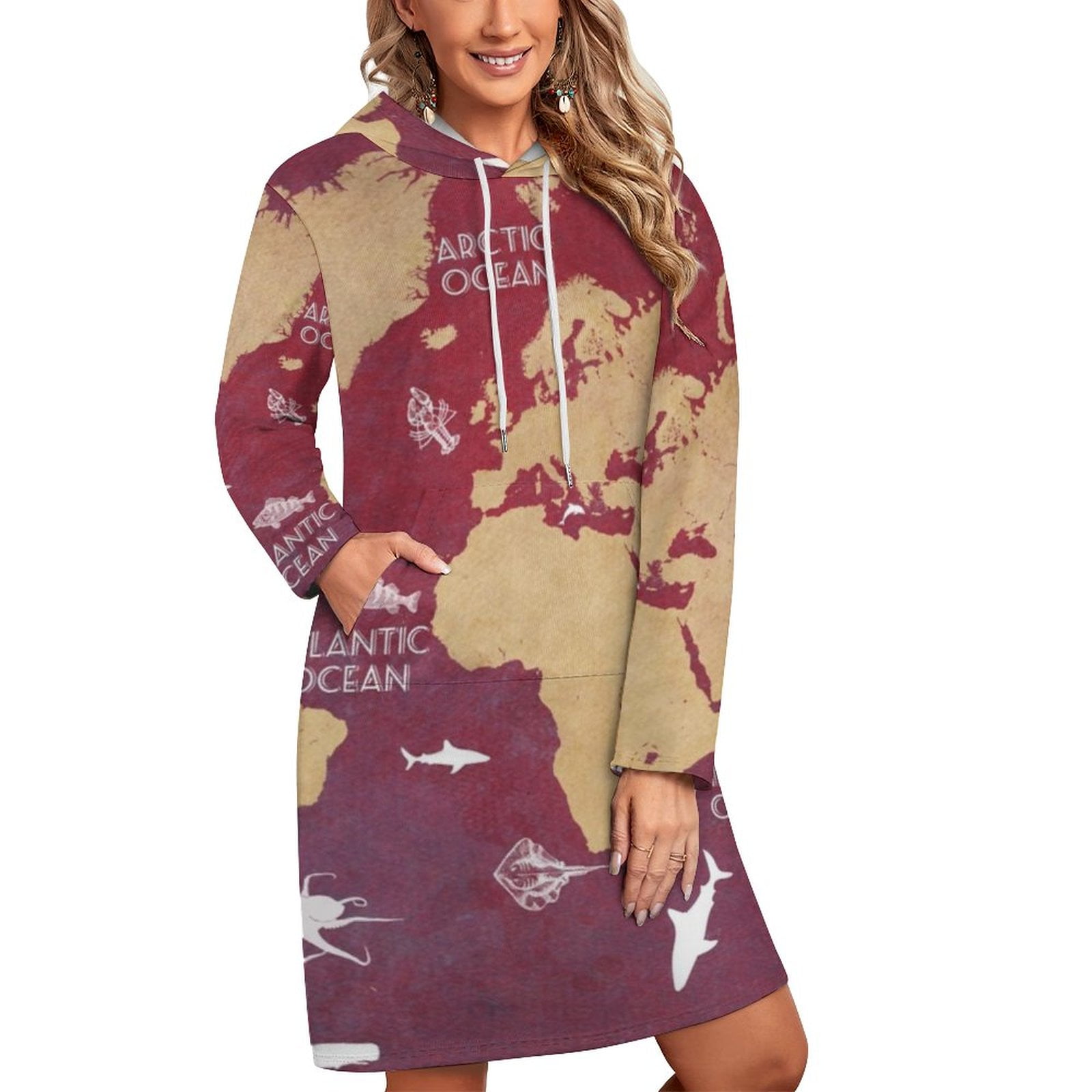 Oceans Life World Map Red Hoodie Sweatshirt Women Drawstring Printed ...
