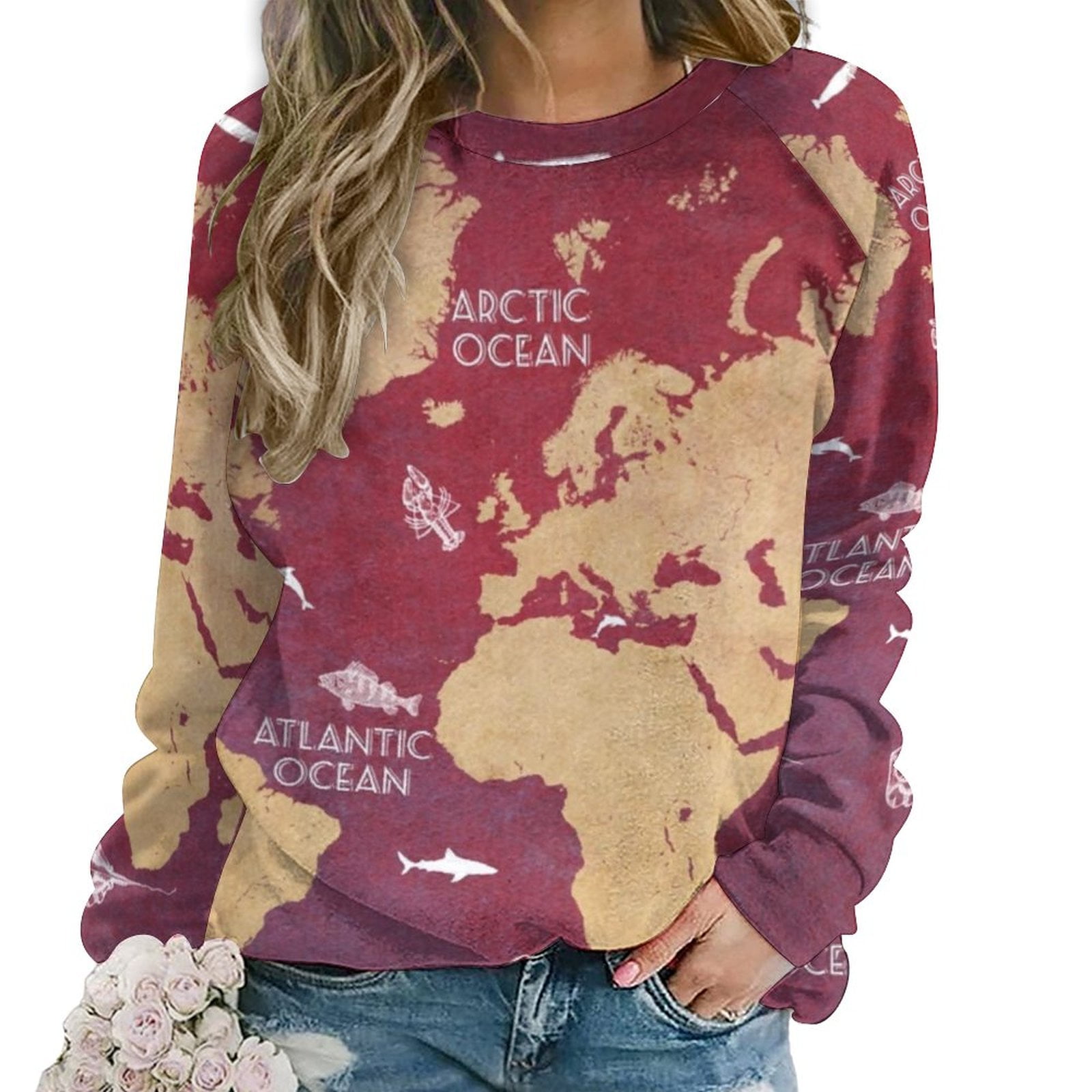 Oceans Life World Map Red Hoodie Sweatshirt Women Drawstring Printed ...