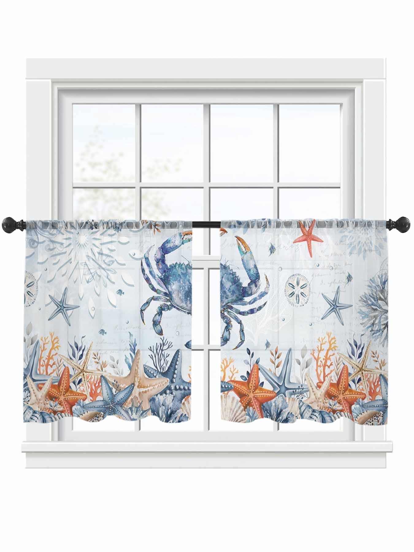 Oceans Marine Life Sheer Curtains 54 Inch Long 2 Panels, Coastal Orange ...