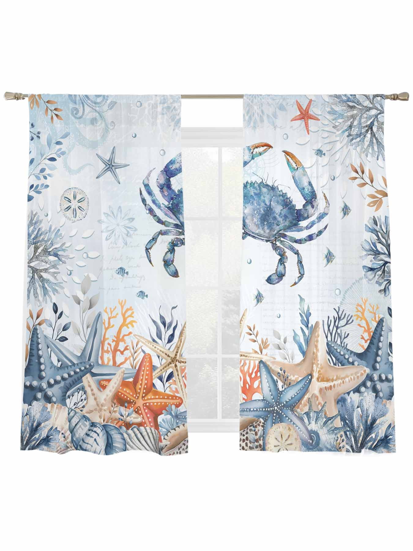 Oceans Marine Life Sheer Curtains 72 Inch Long 2 Panels, Coastal Orange ...