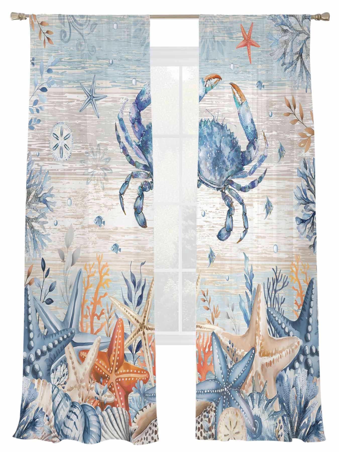 Oceans Marine Life Sheer Curtains 96 Inch Long 2 Panels, Coastal Orange ...