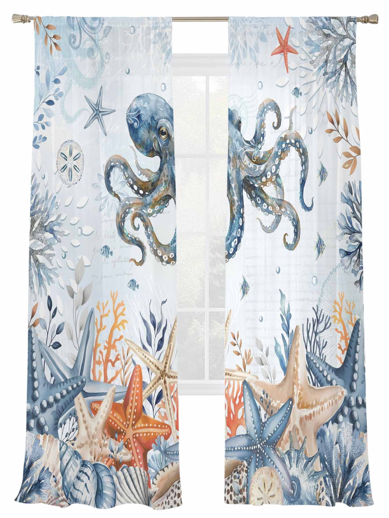 Oceans Marine Life Sheer Curtains 96 Inch Long 2 Panels, Orange Blue ...