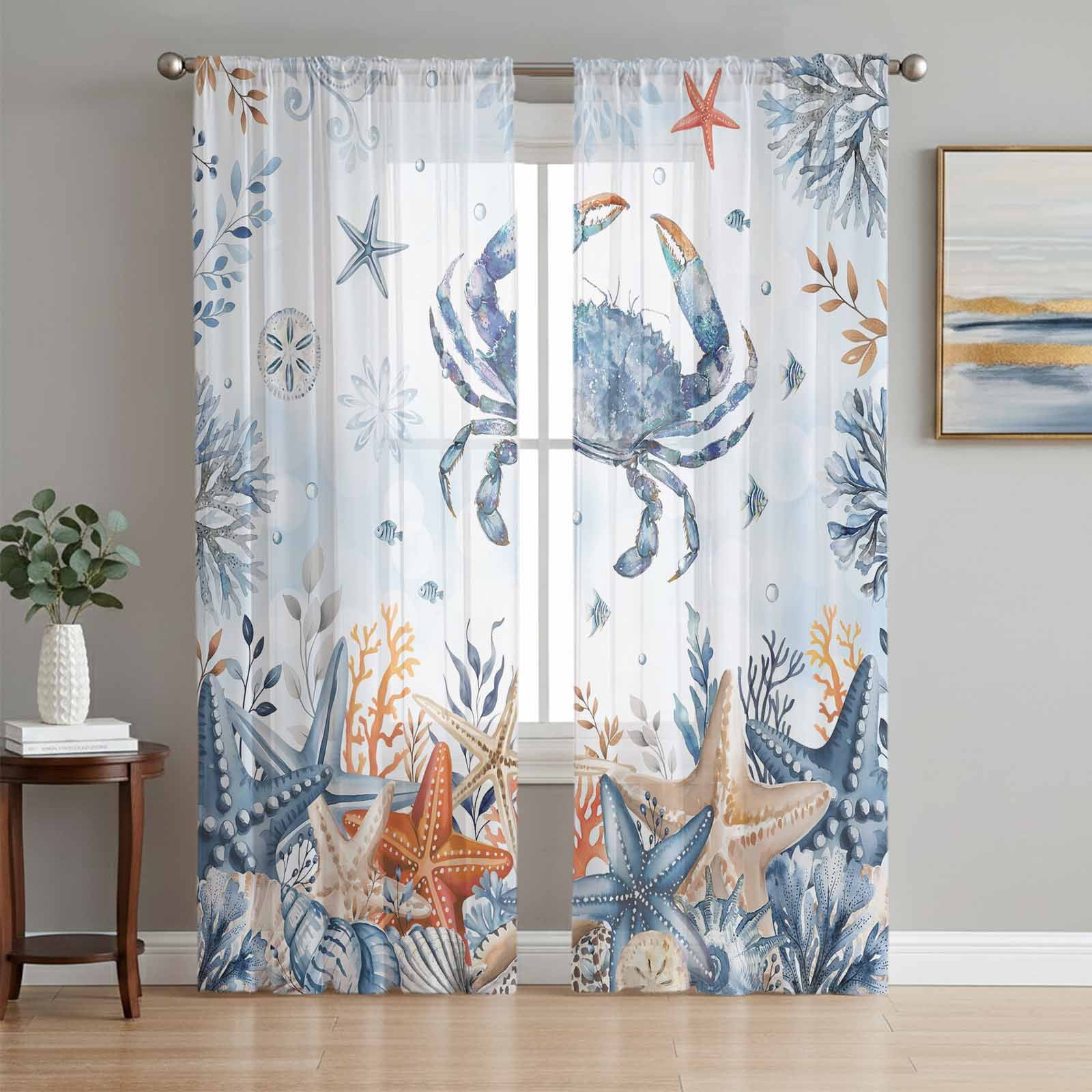 Oceans Marine Life Sheer Curtains for Living Room Bedroom, Coastal ...