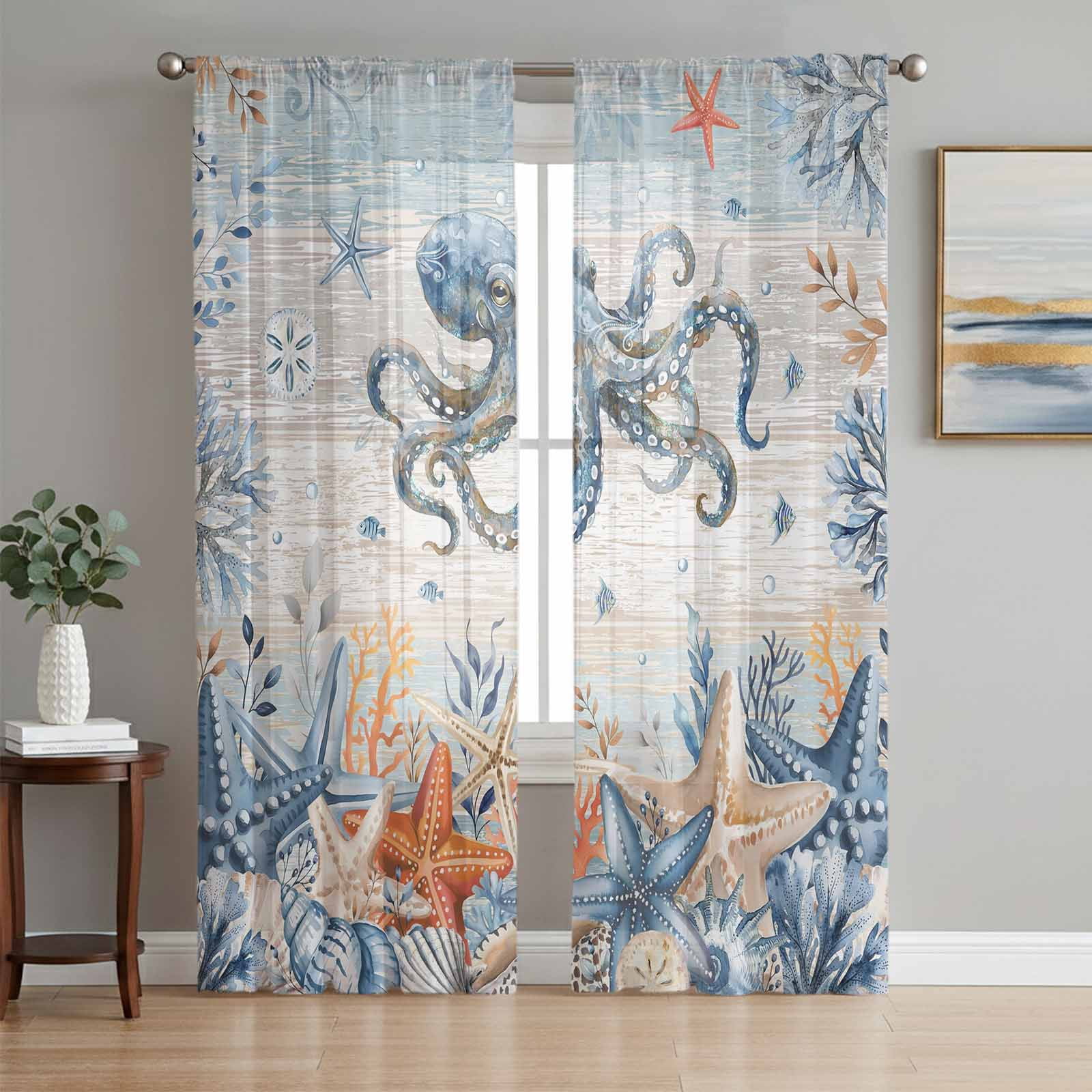 Oceans Marine Life Sheer Curtains for Living Room Bedroom, Orange Blue ...