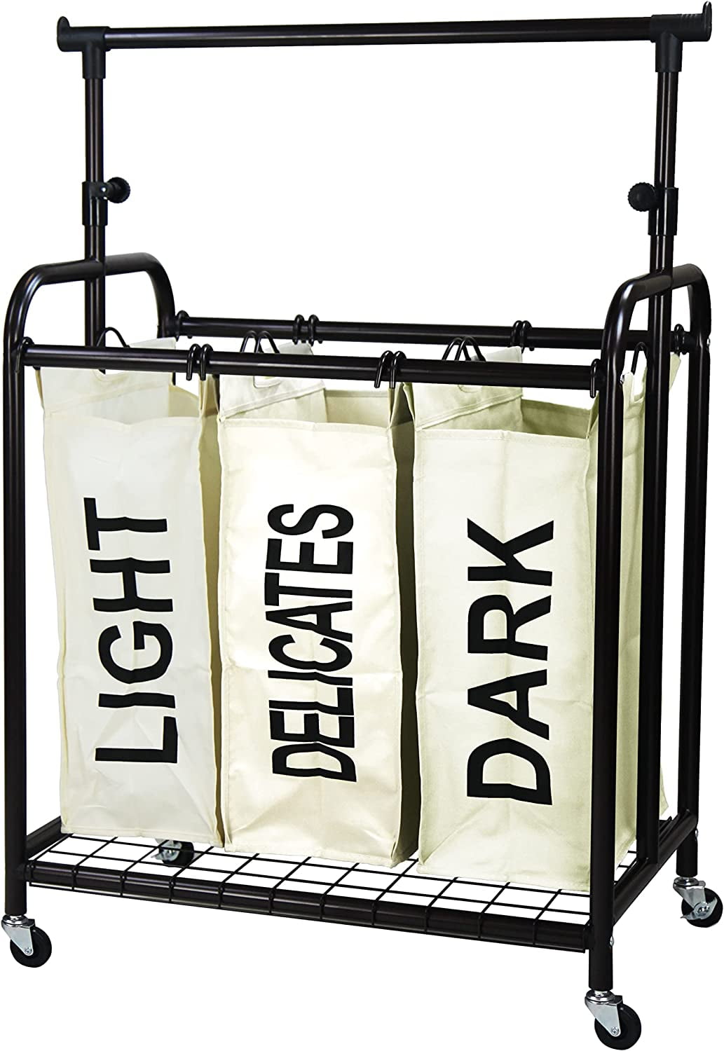 Oceanstar 3-Bag Rolling Laundry Sorter with Adjustable Hanging Bar ...