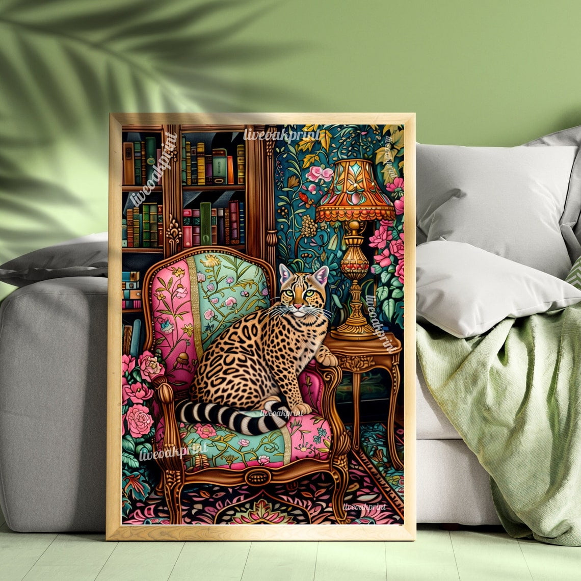 Ocelot In A Vintage Library Reading Nook - Maximalist Wall Art - Panther Print - Panther Wall ...