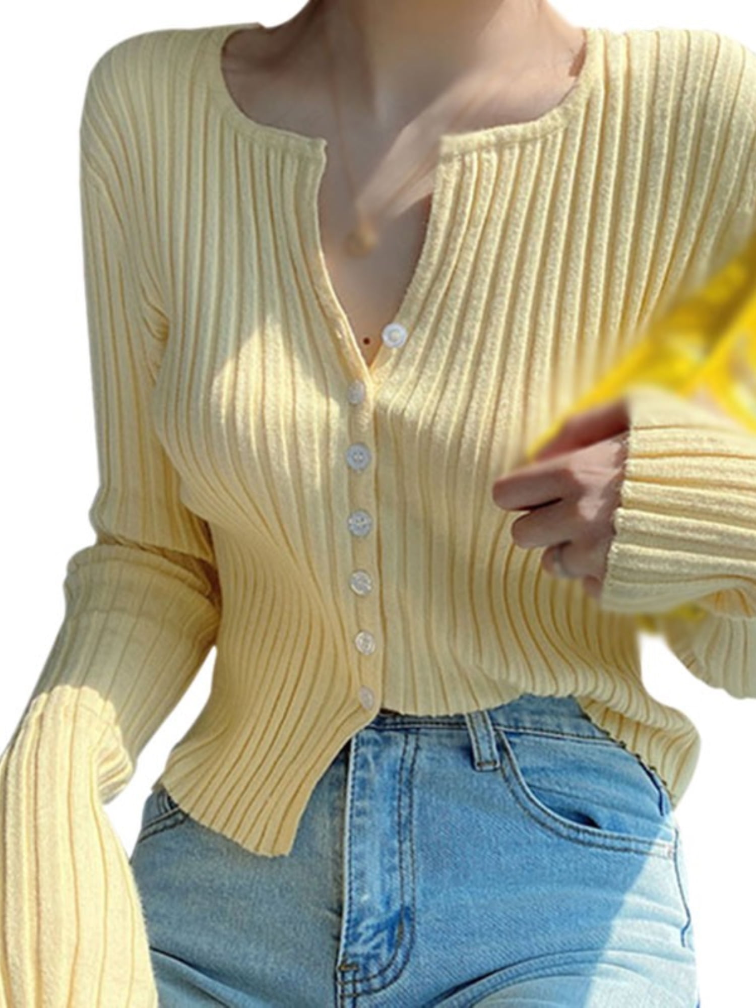 Ochine Knit Shirts Ribbed V Neck Long Sleeve Solid Color Button Down ...