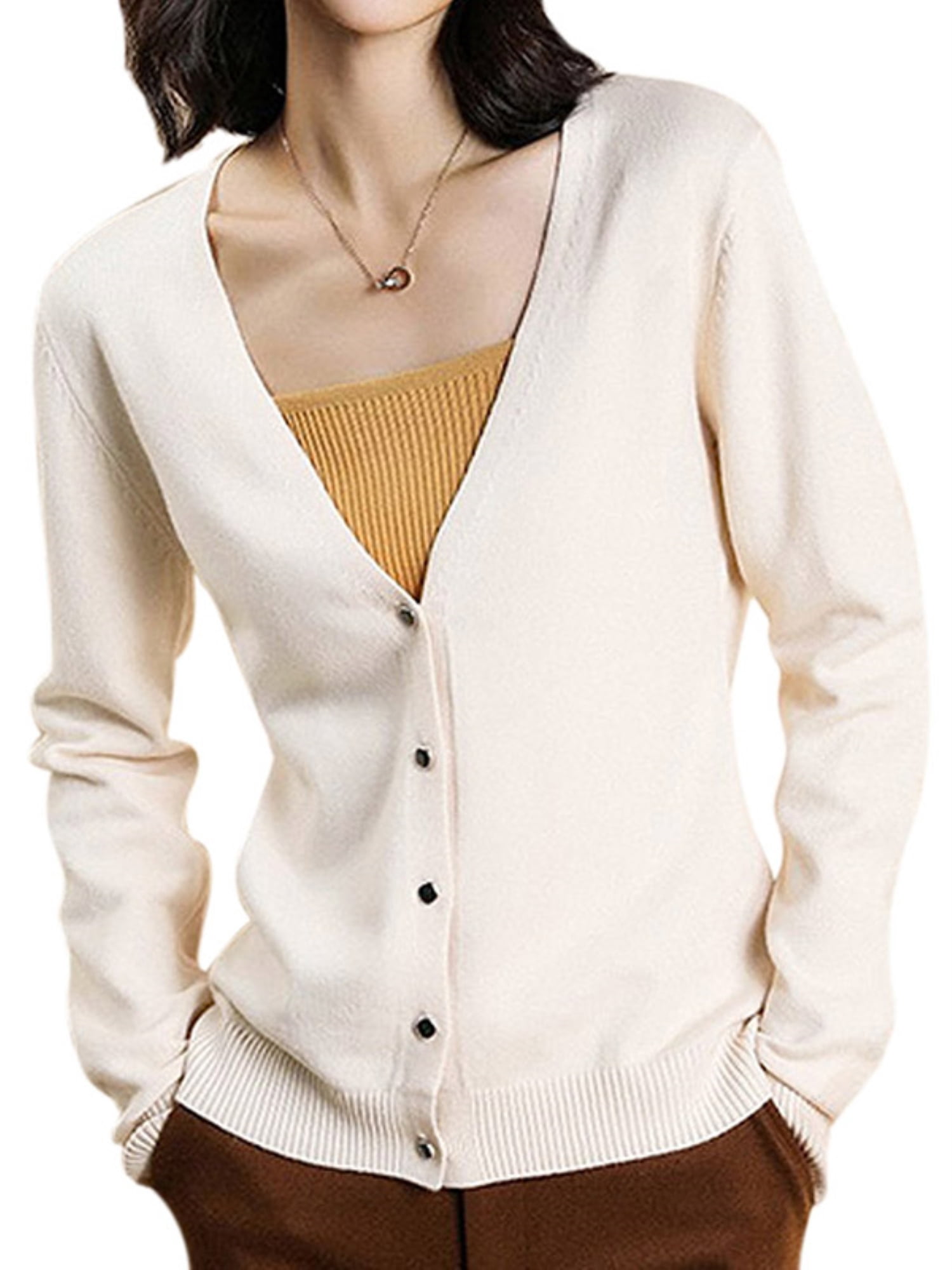 Ochine Knit Top V Neck Button Down Open Front Long Ribbed Sleeve Solid ...