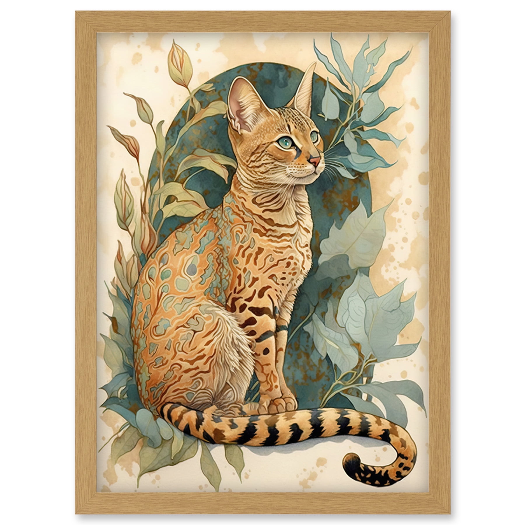 Ocicat Cat with Teal Rosette Pattern Fur and Leafy Plants Watercolour ...