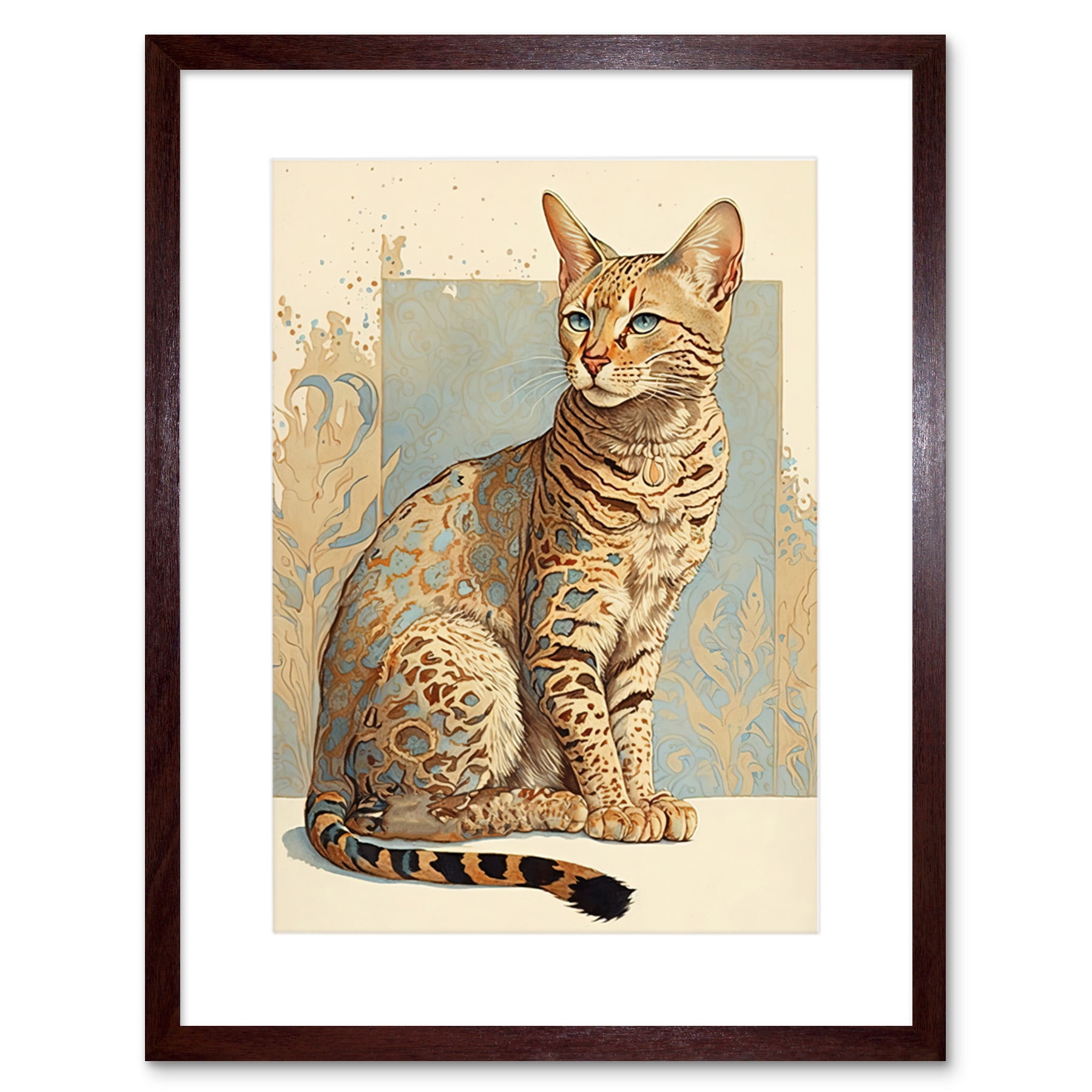 Ocicat Cat with Turquoise Rosette Pattern Fur Modern Watercolour ...