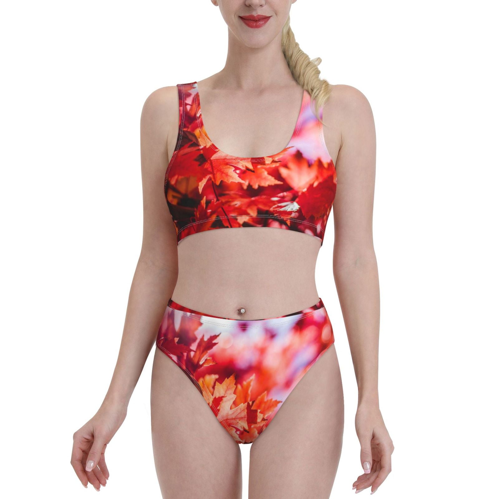 Ocsxa Autumn Maple Leaves Womens High Waisted Bikini Sets Sporty Two