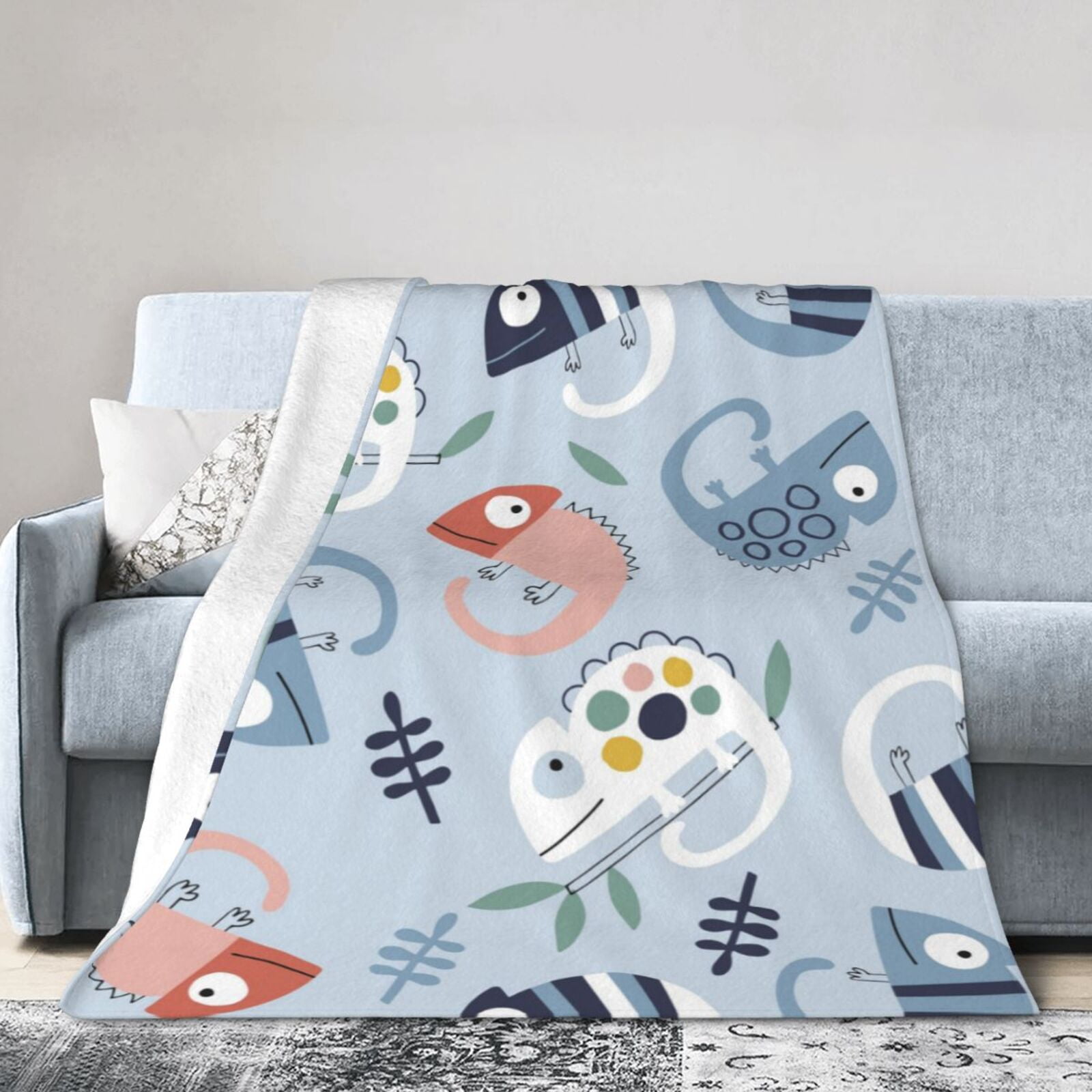 Ocsxa Flannel Fleece Cute Chameleons On Blue Background Print Throw ...
