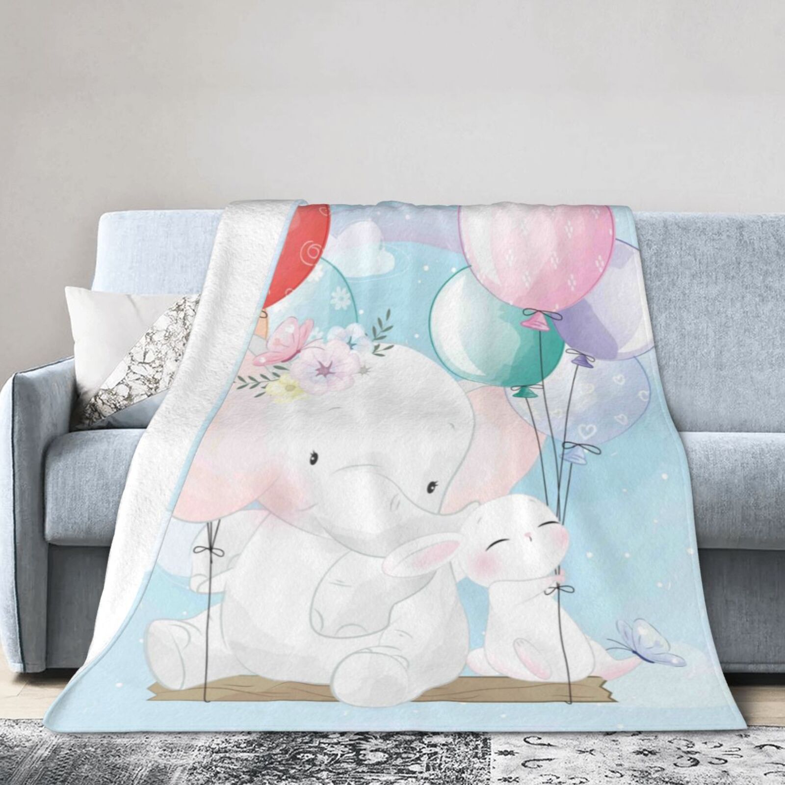 Ocsxa Flannel Fleece Cute Elephant Bunny Flying With Balloon Print ...