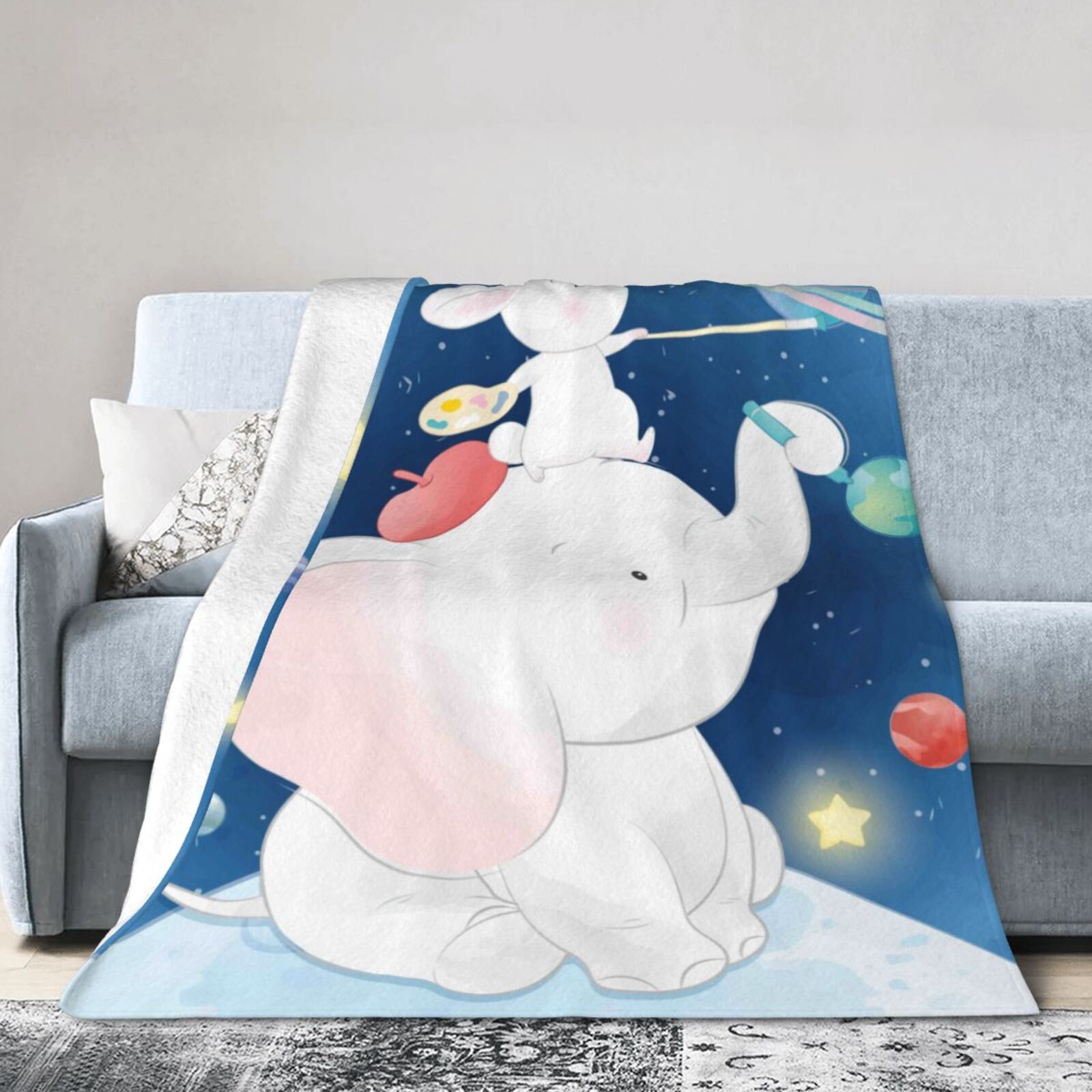 Ocsxa Flannel Fleece Cute Little Bunny Elephant Painting A Planet Print ...
