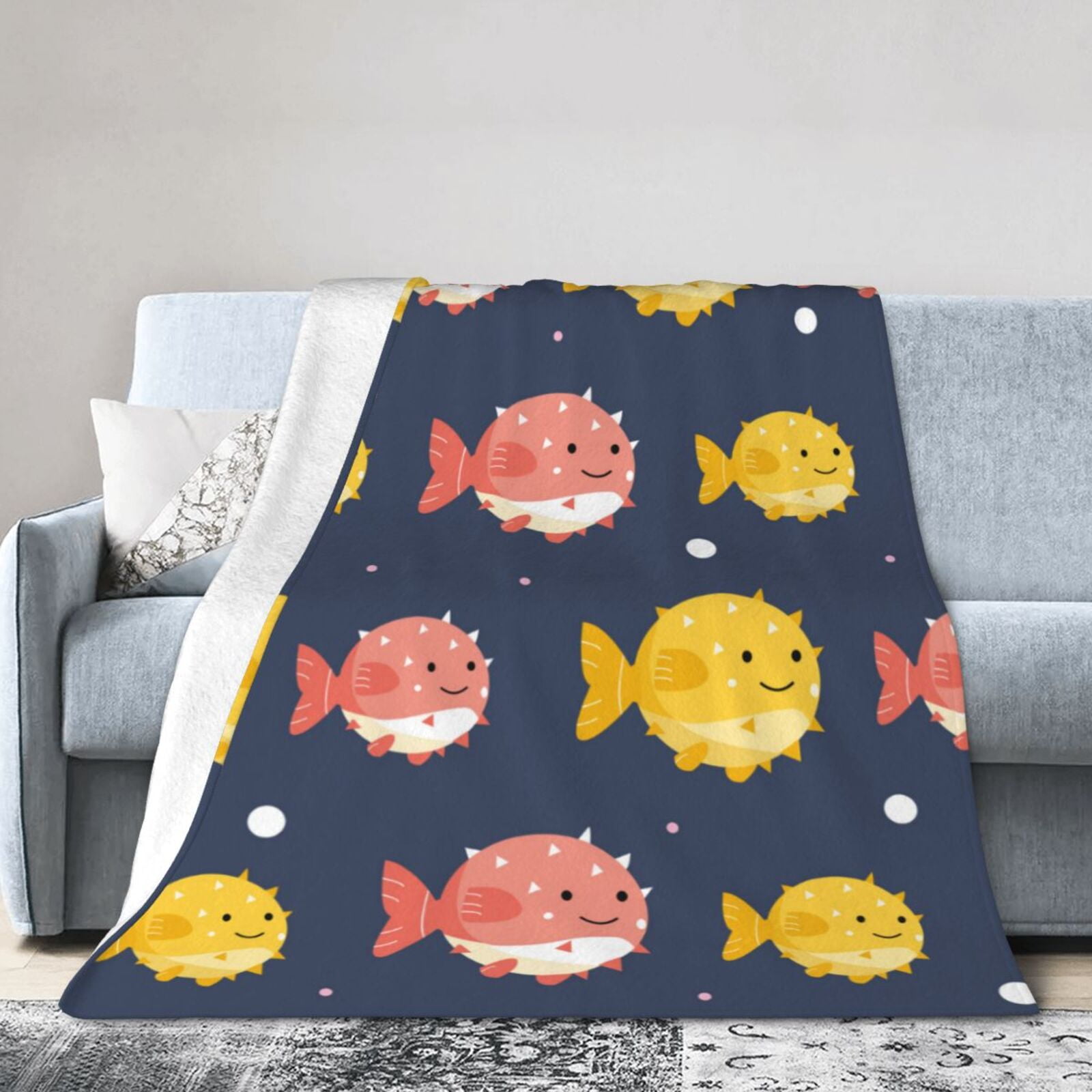 Ocsxa Flannel Fleece Cute Puffer Fish Print Throw Blanket, Lightweight ...