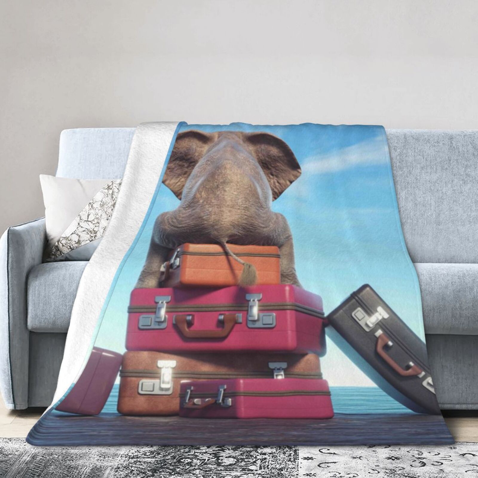 Ocsxa Flannel Fleece Elephant Sits On A Stack Of Luggages Ocean Print ...