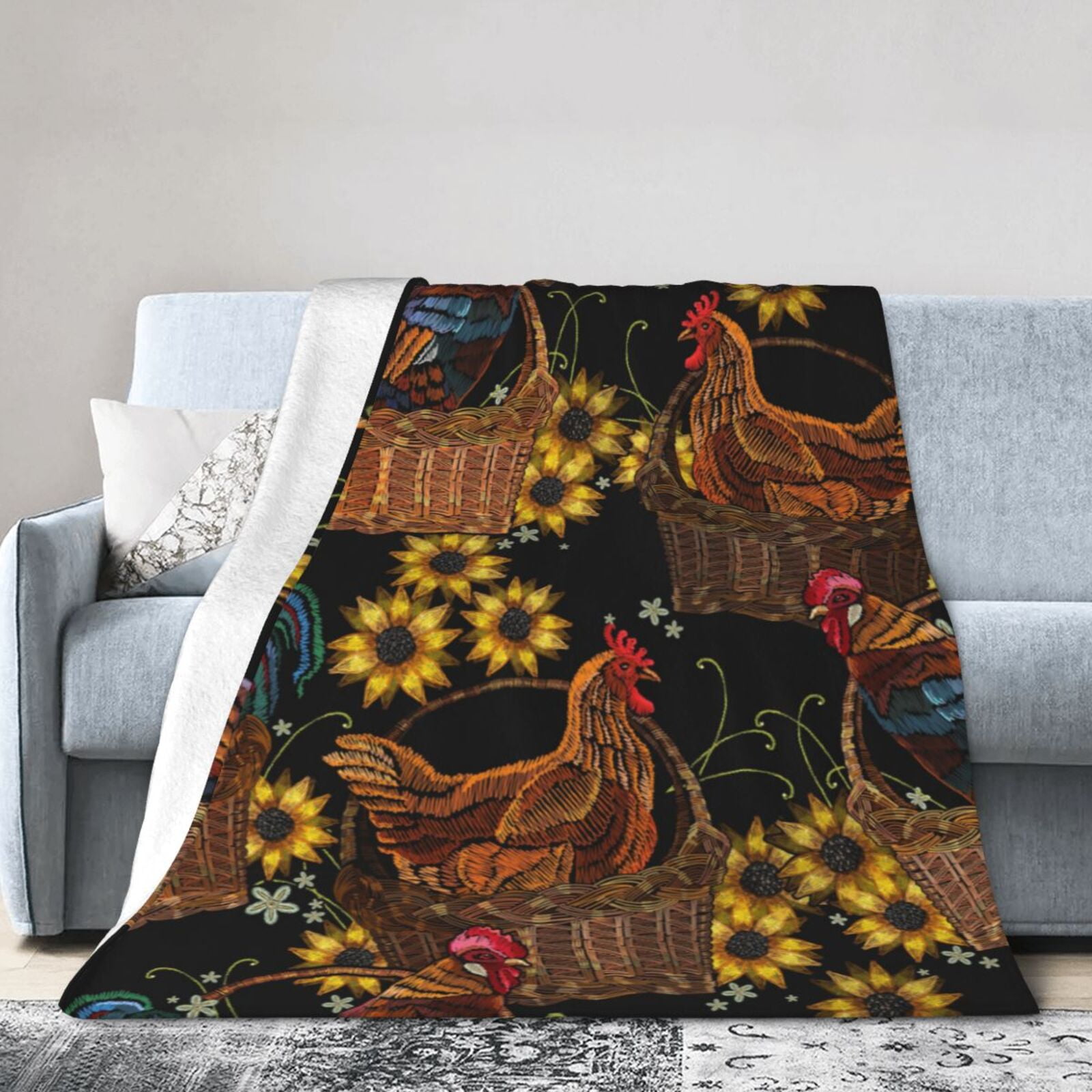 Ocsxa Flannel Fleece Embroidery Chicken Rooster And Sunflowers Print ...