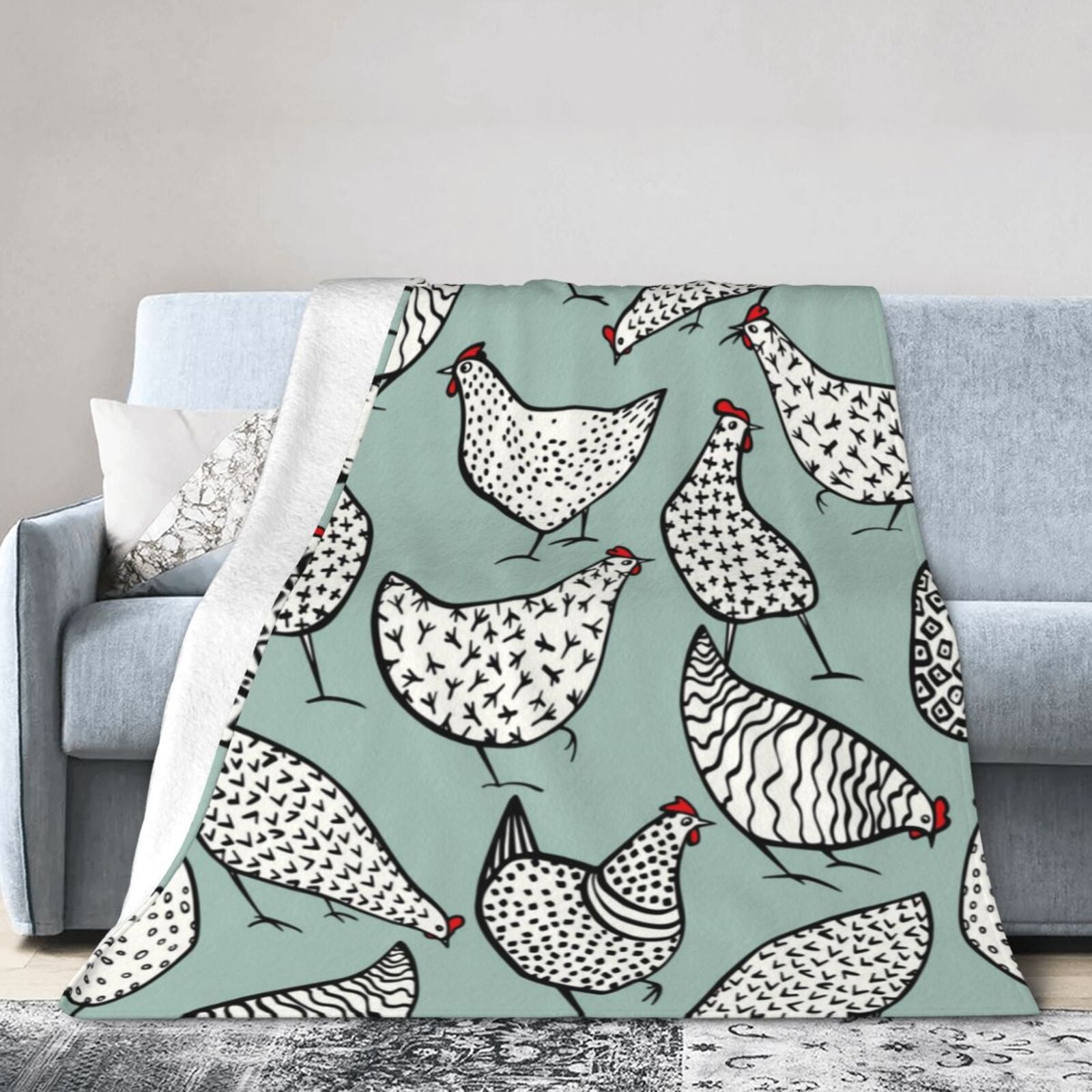 Ocsxa Flannel Fleece Hand Drawn Chickens Print Throw Blanket