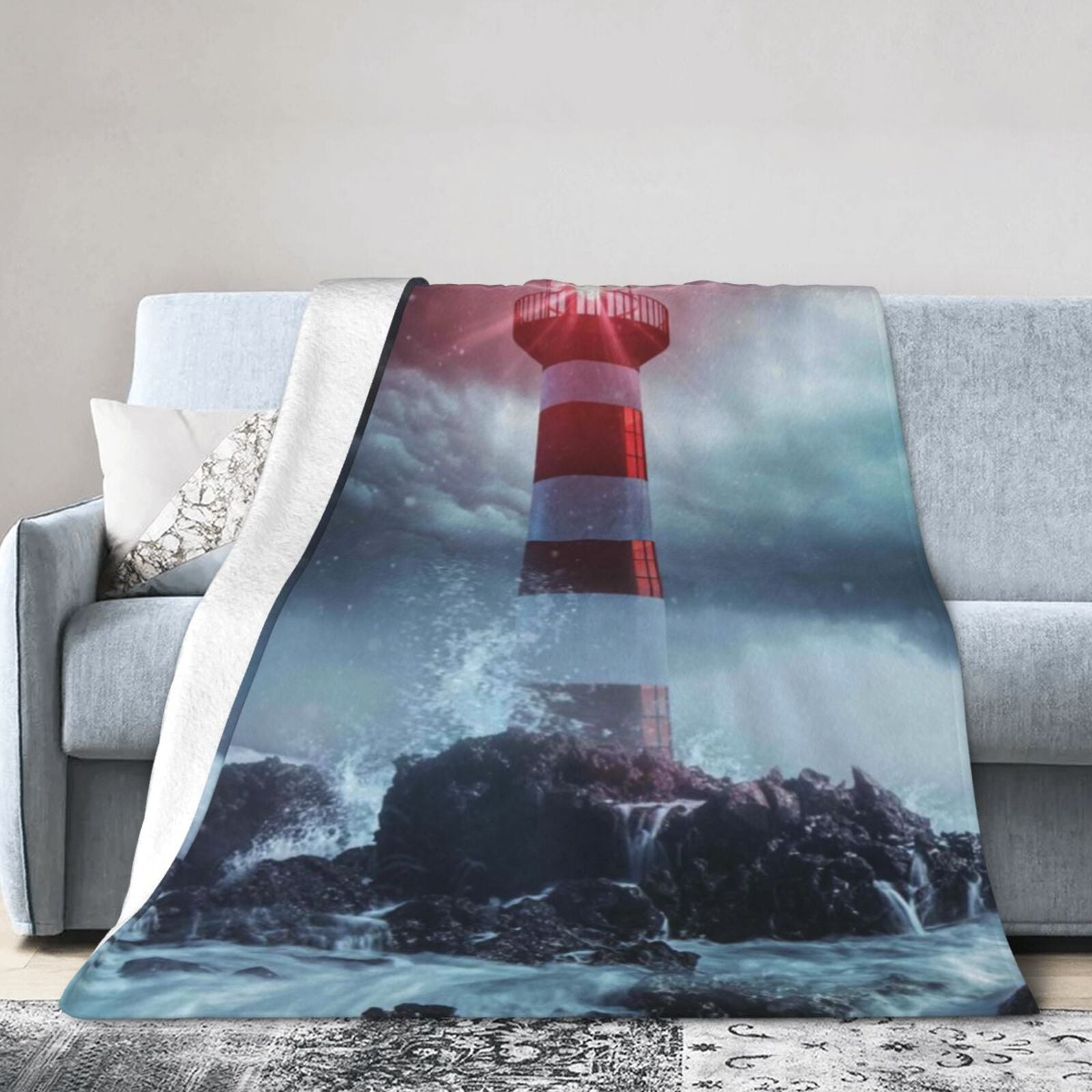 Ocsxa Flannel Fleece Lighthouse In A Stormy Sea Print Throw Blanket ...