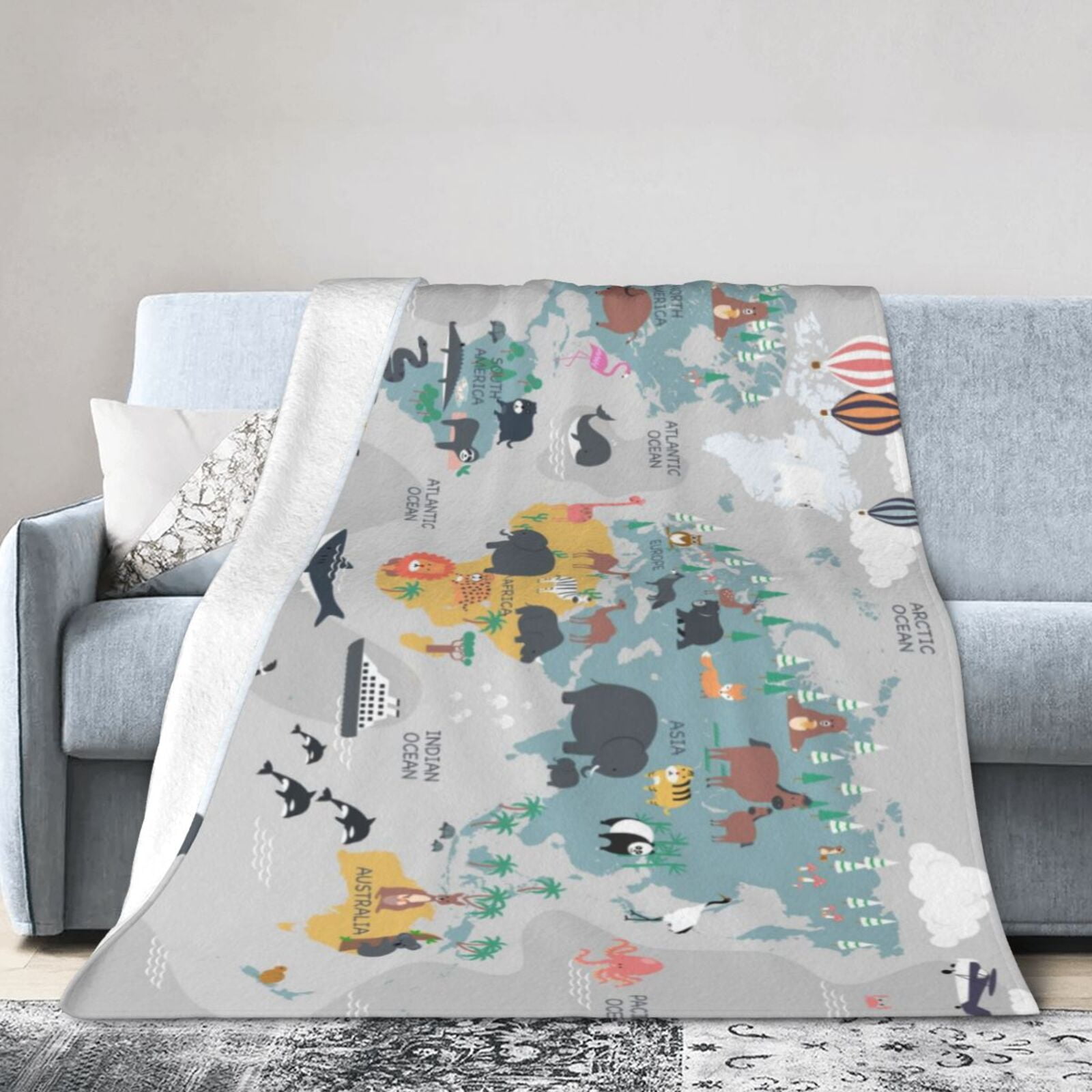 Ocsxa Flannel Fleece The World Map With Cartoon Animals Print Throw ...