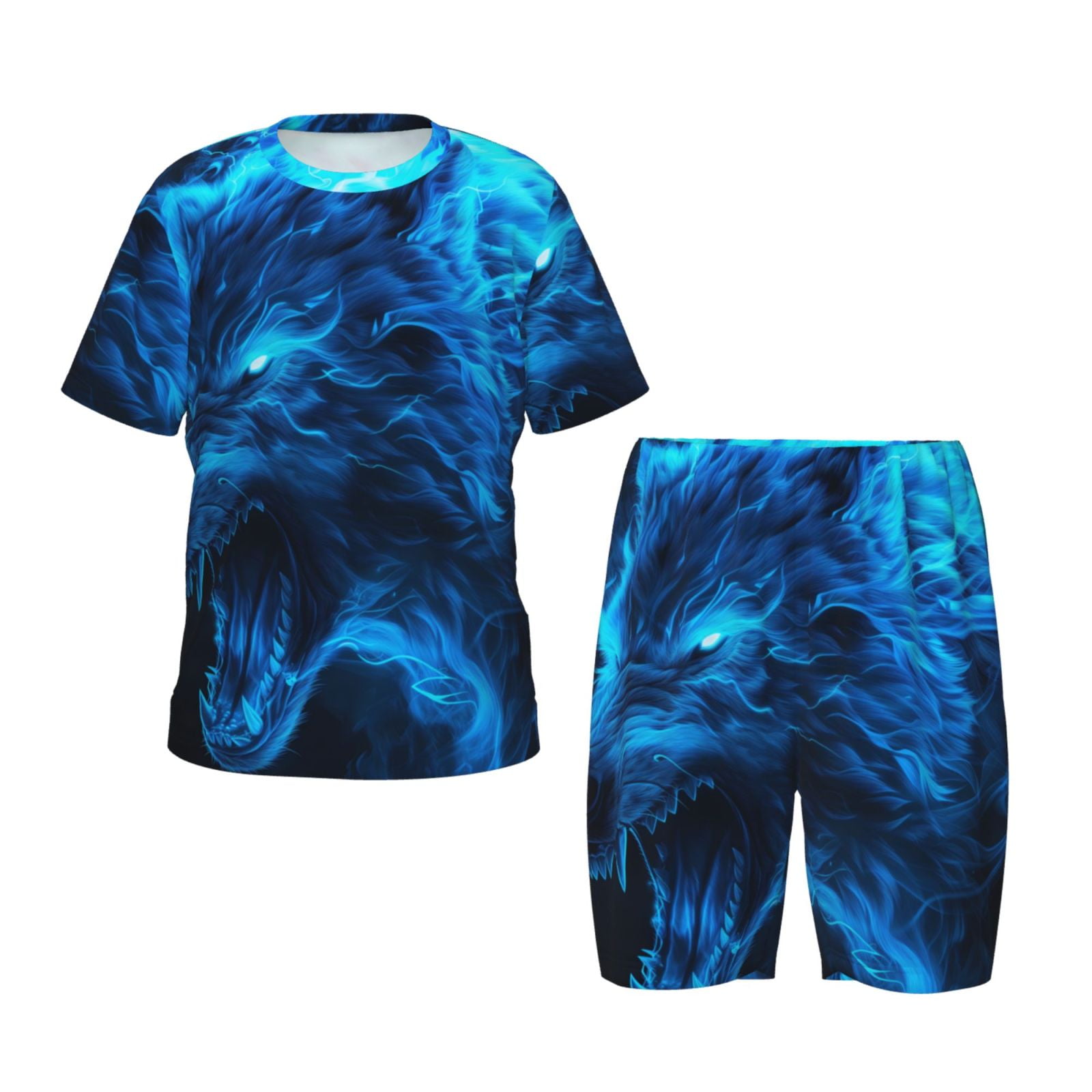 Ocsxa Ice Blue Fire Wolf for Kid's Short-Sleeved Pajamas Set, Summer ...