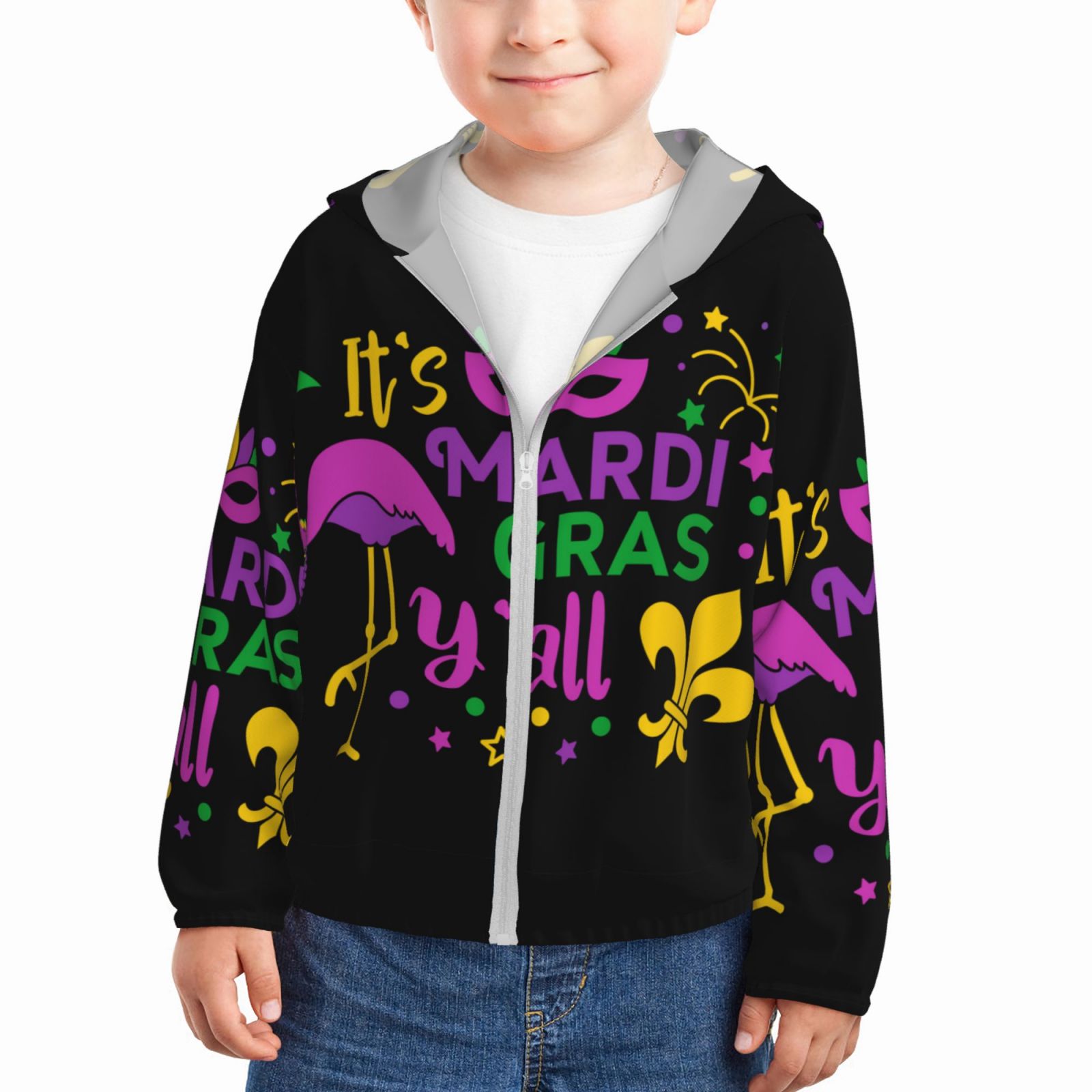 Ocsxa Mardi Gras with Flamingo Print Kids Active Zipper Sun Protection Jacket Boys Girls Hooded ...