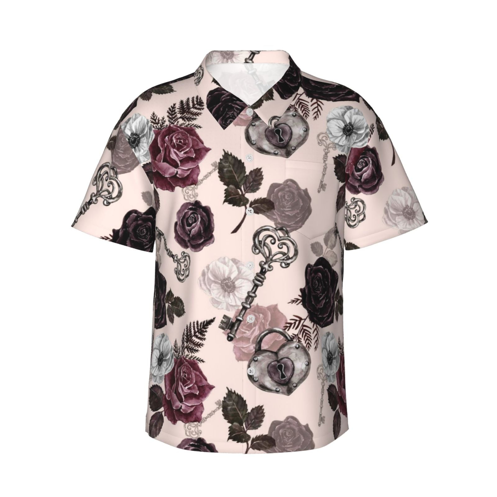Ocsxa Retro Red Black Roses Print Hawaiian Shirt For Men Casual Button ...