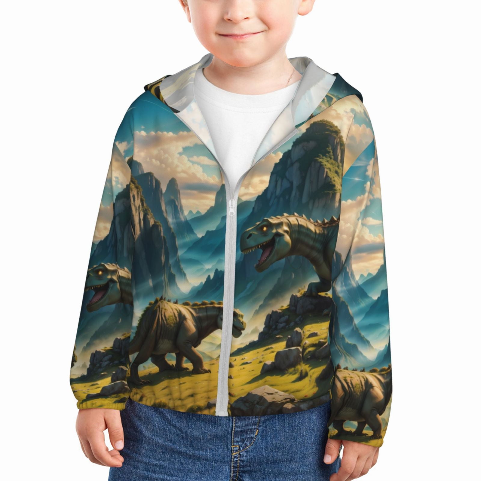 Ocsxa Valley River Dinosaur Print Kids Active Zipper Sun Protection Jacket Boys Girls Hooded ...