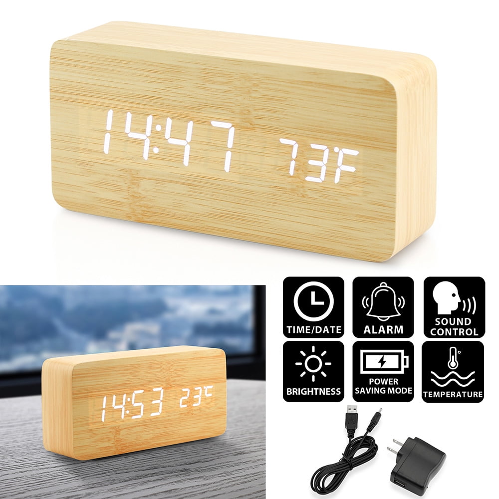 Oct17 LED Wooden Desk Clock Alarm Snooze Voice Control Timer ...