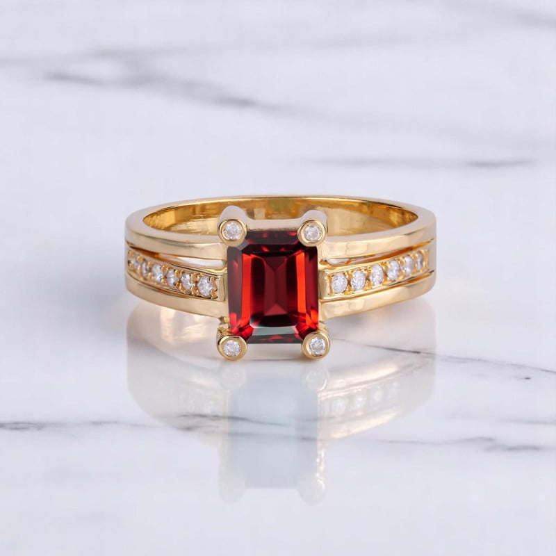 Octagon Cut Garnet And Diamond Pave Set Ring, 3 Split Band Ring, Havy ...