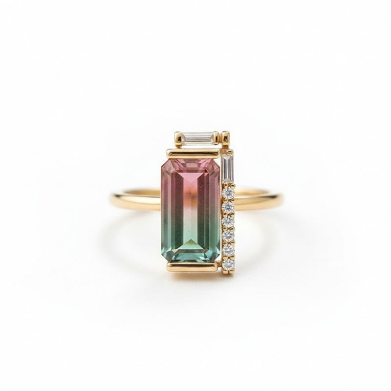 Octagon Cut Watermelon Tourmaline & Baguette Cut Diamond Engagement ...
