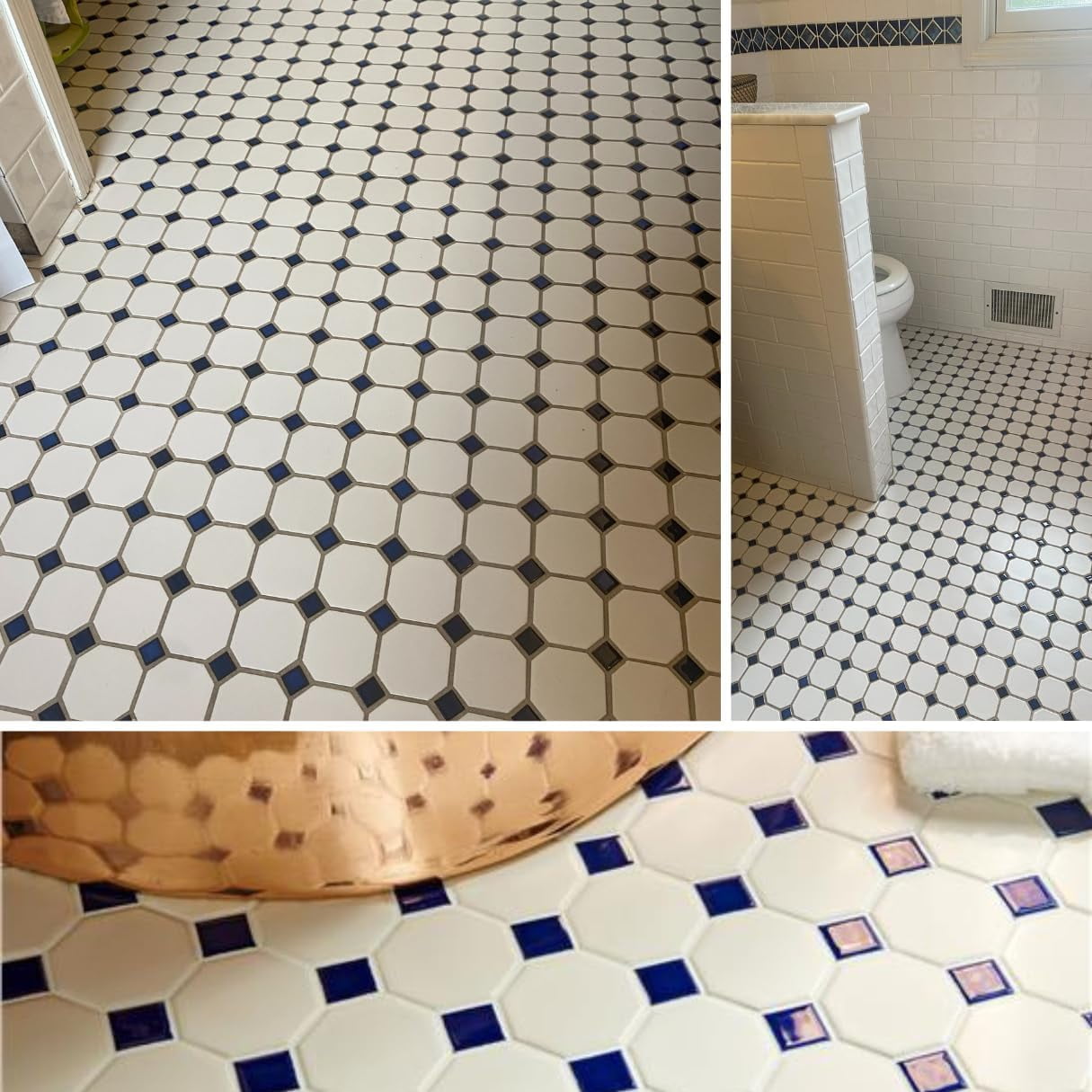 Octagon Porcelain Mosaic Tile Matte White with Glossy Cobalt Blue Dos ...