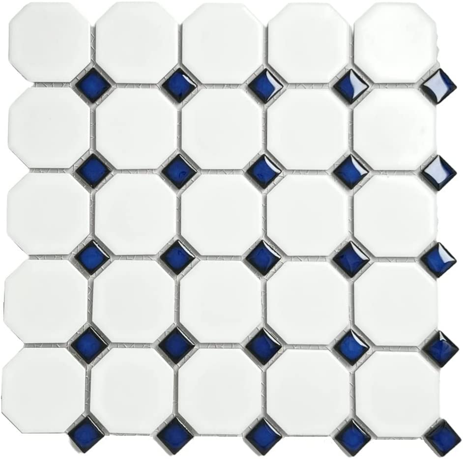 Octagon Porcelain Mosaic Tile Matte White with Glossy Cobalt Blue Dos ...