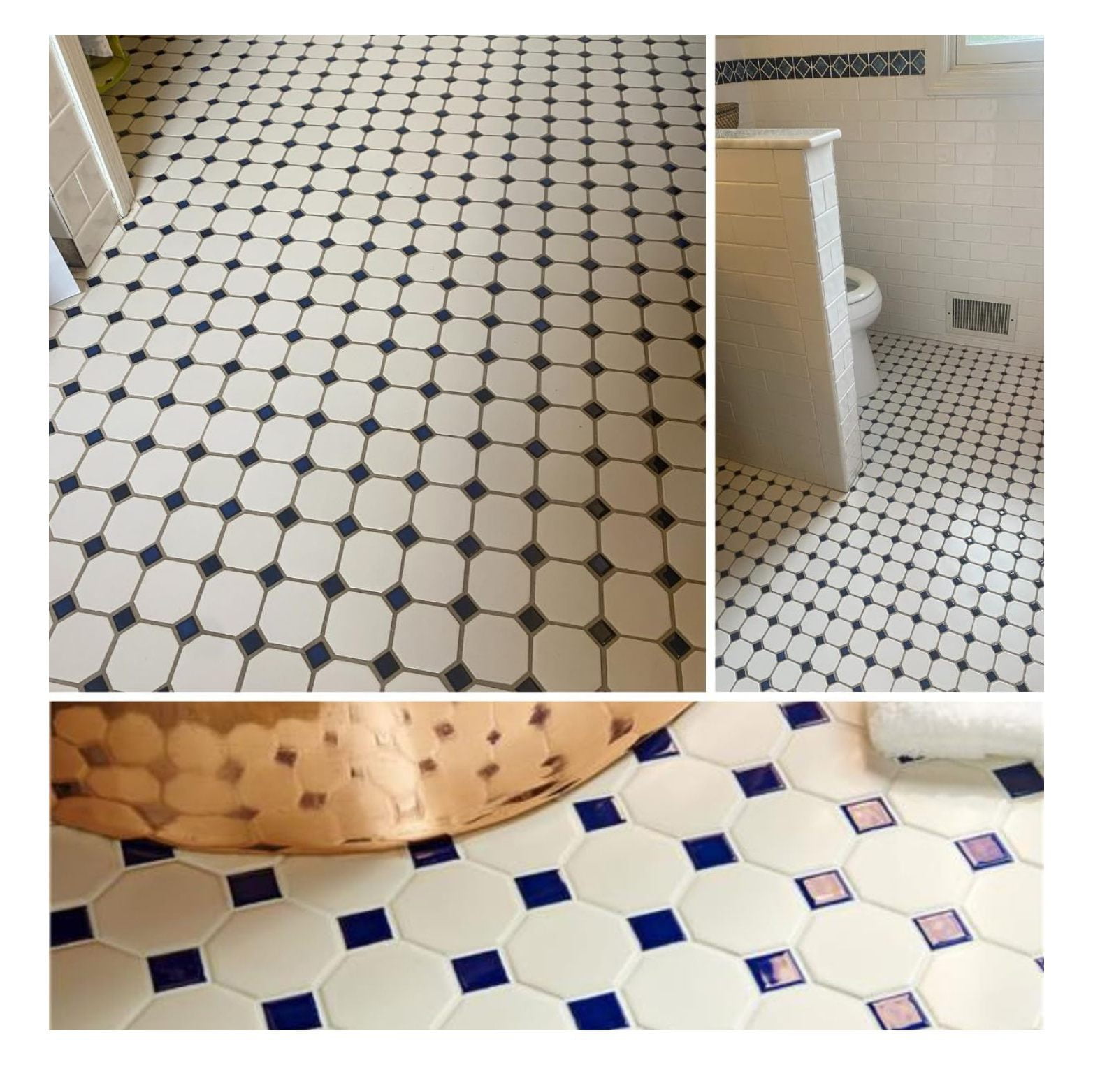 Octagon Porcelain Mosaic Tile Matte White with Glossy Cobalt Blue Dos ...