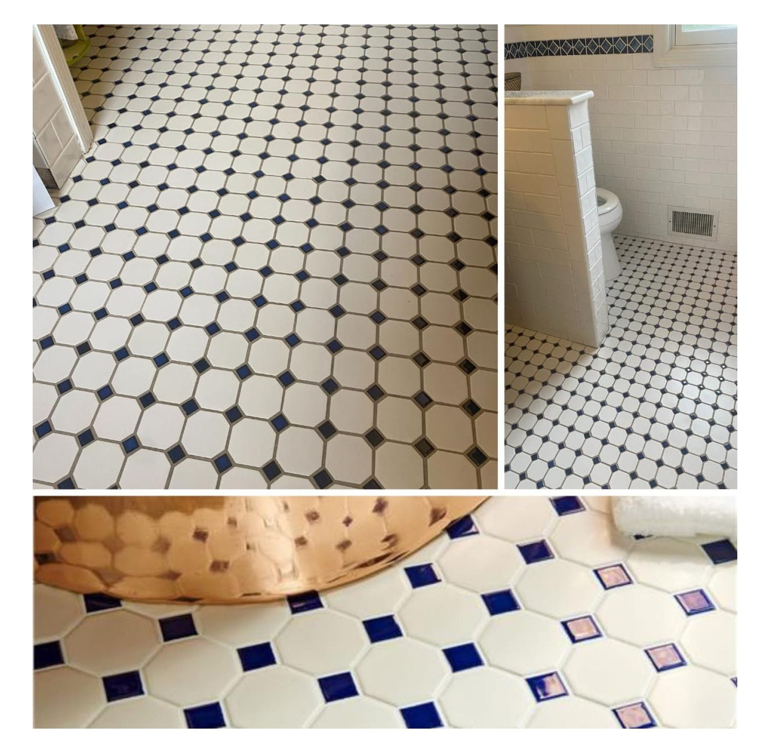 Octagon Porcelain Mosaic Tile Matte White with Glossy Cobalt Blue Dos ...