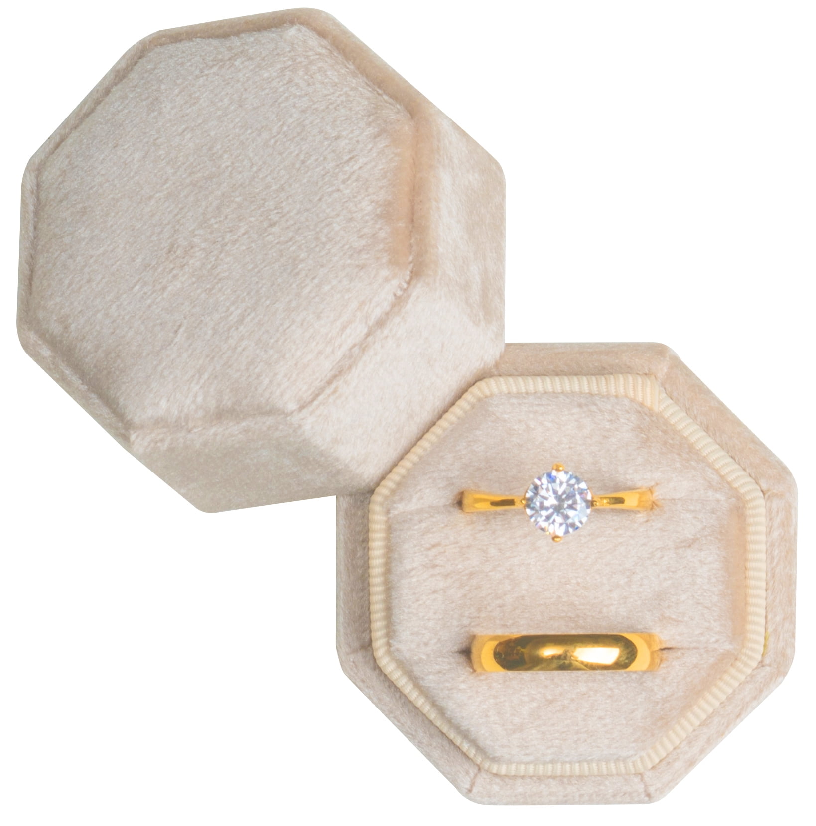 Octagon Premium Velvet Double Ring Box for Wedding Ceremony(Beige ...