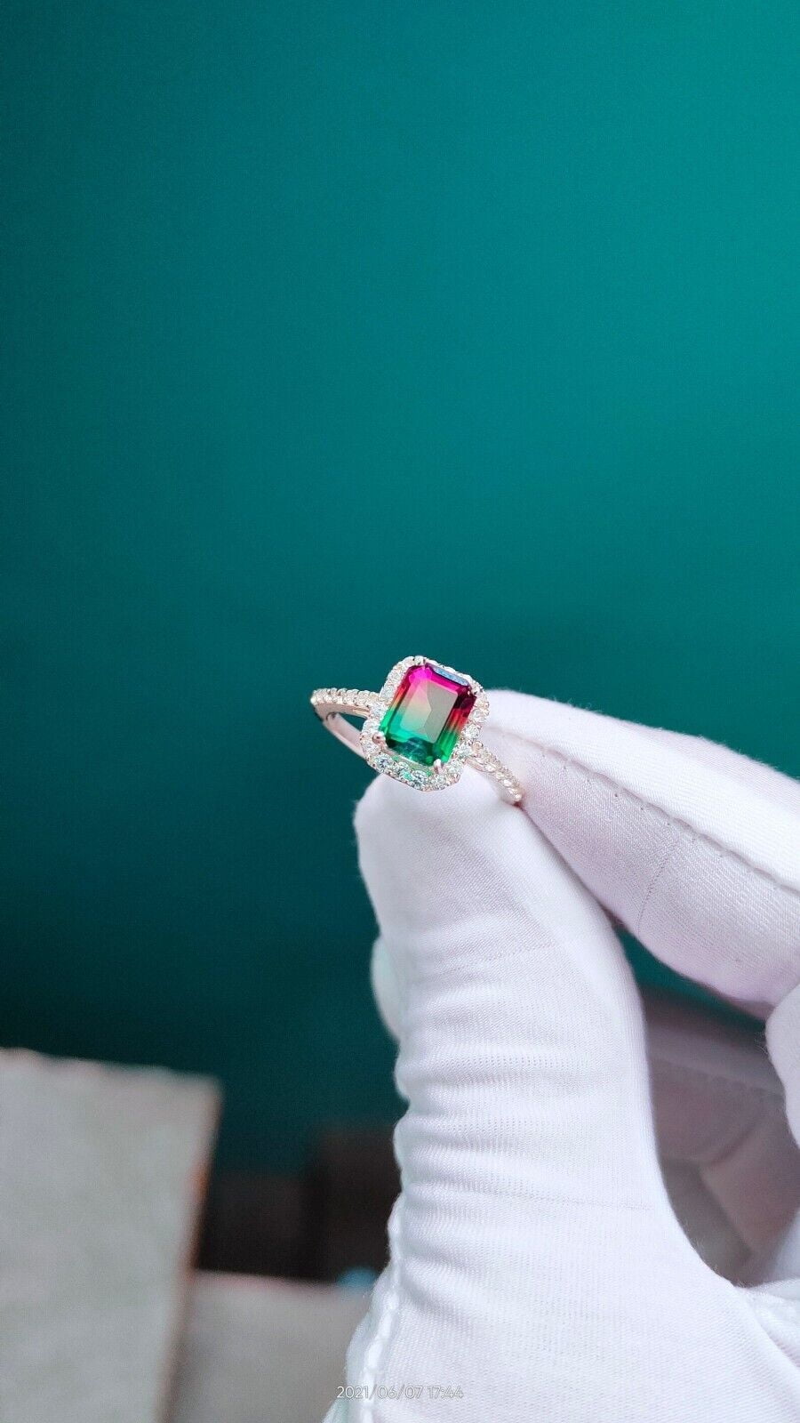 Octagon Watermelon Tourmaline Bi color stone Ring 925 Sterling Silver ...