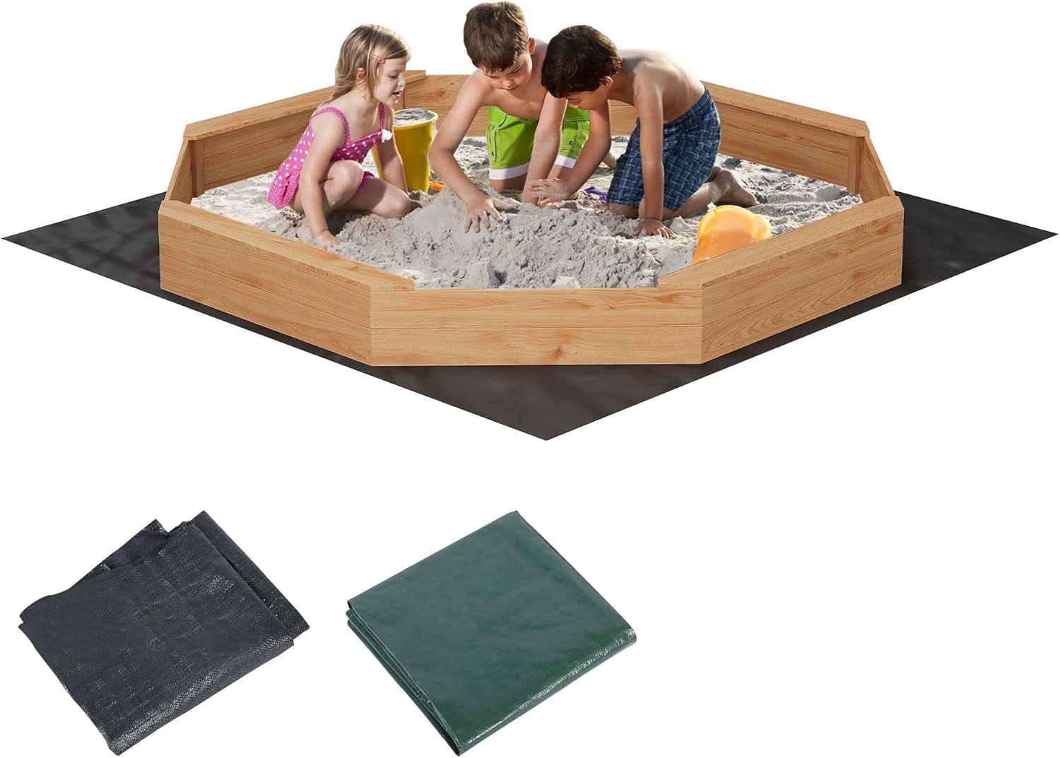 Octagonal Wooden Sandbox for Kids with Built-In Benches, 4 Seats ...