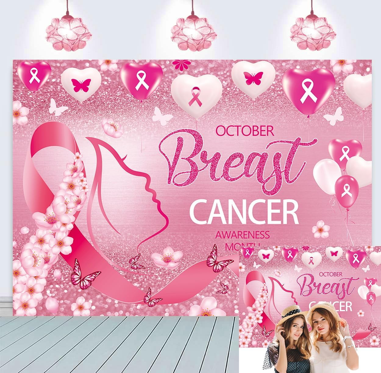 October Breast Cancer Awareness Backdrop October Pink Ribbon Flower ...