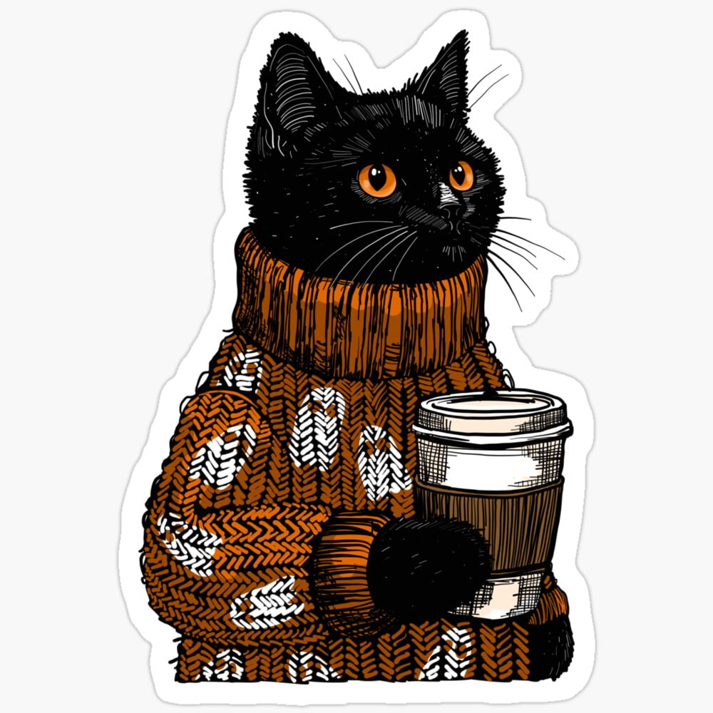 October Morning Coffee Cat Sticker Phone Decal Water Bottle Stickers ...