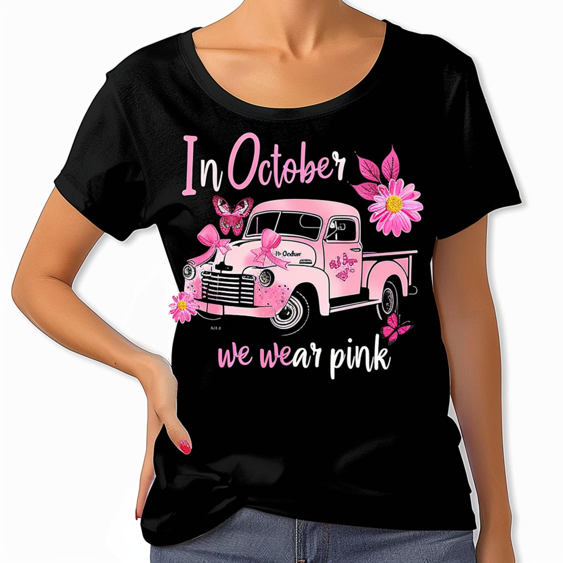 October Pink Ribbon Truck Vector Graphic Black T Shirt Mockup Woman ...