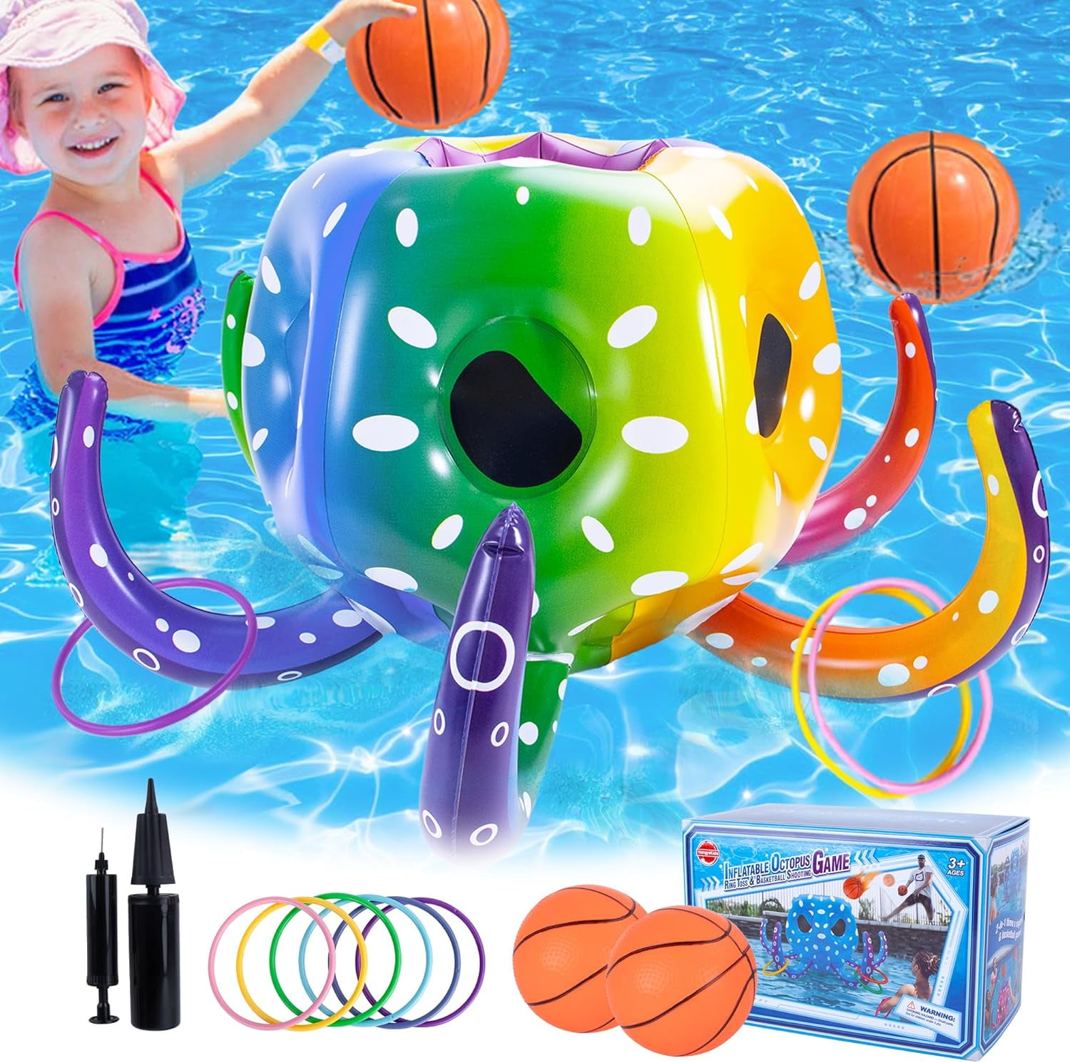 Octopus 2-in-1 Inflatable Pool Basketball Hoop & Ring Toss, Toddler ...