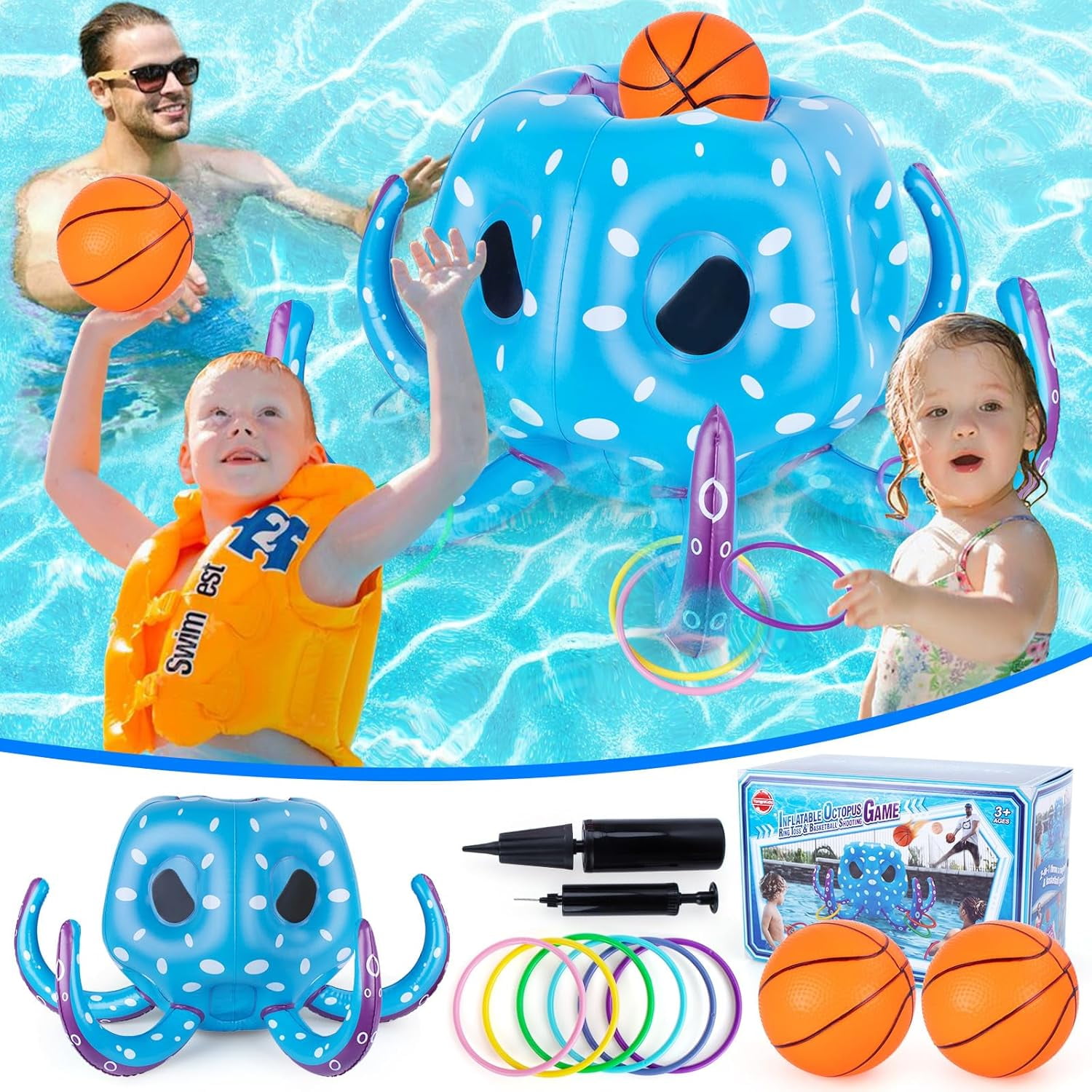 Octopus 2-in-1 Inflatable Pool Basketball Hoop & Ring Toss, Toddler ...