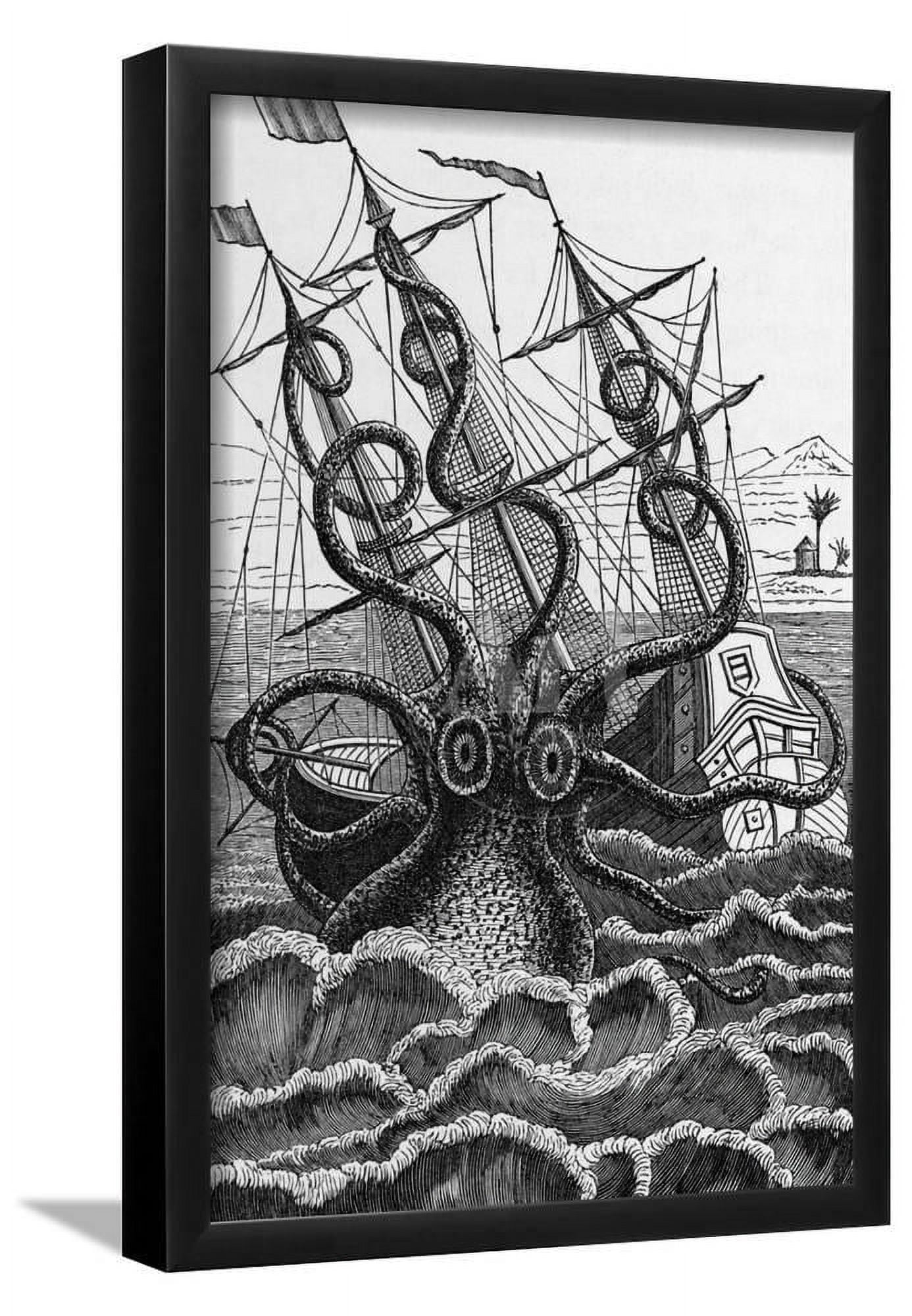 Octopus Attacking a Ship, Animals Framed Art Print Wall Art by Middle ...