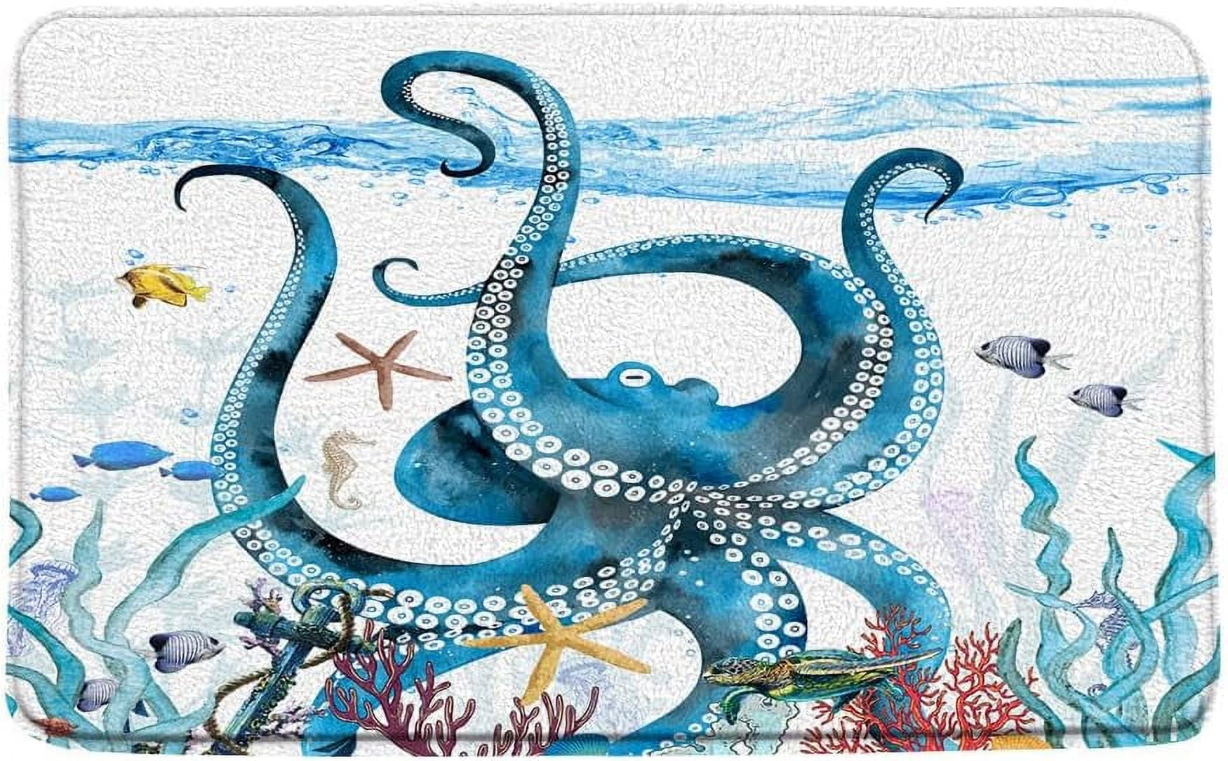 Octopus Bath Mat Blue Kraken Tentacle Coral Seaweed Cool Sea Ocean ...