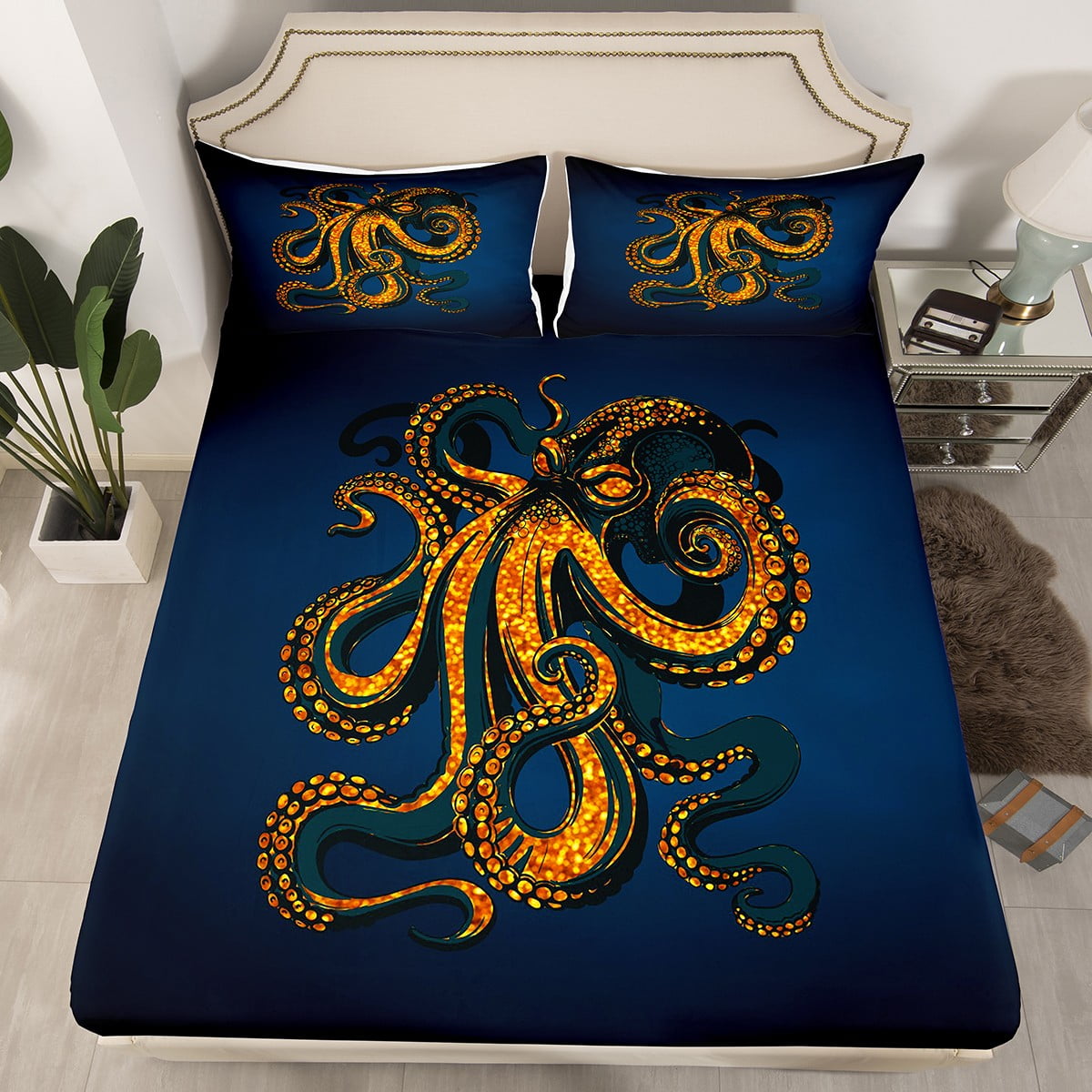 Octopus Bed Set Queen, Octopus Tentacles Fitted Sheet Sea Kraken Bed ...