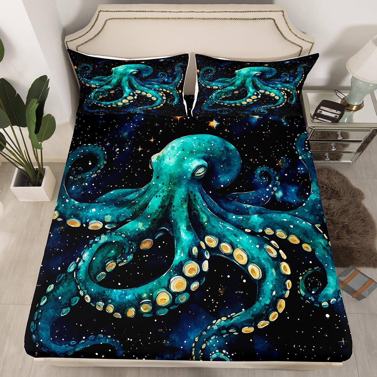 Octopus Bed Sheets Exotic Coastal Animlas Twin Fitted Sheet,Galaxy ...